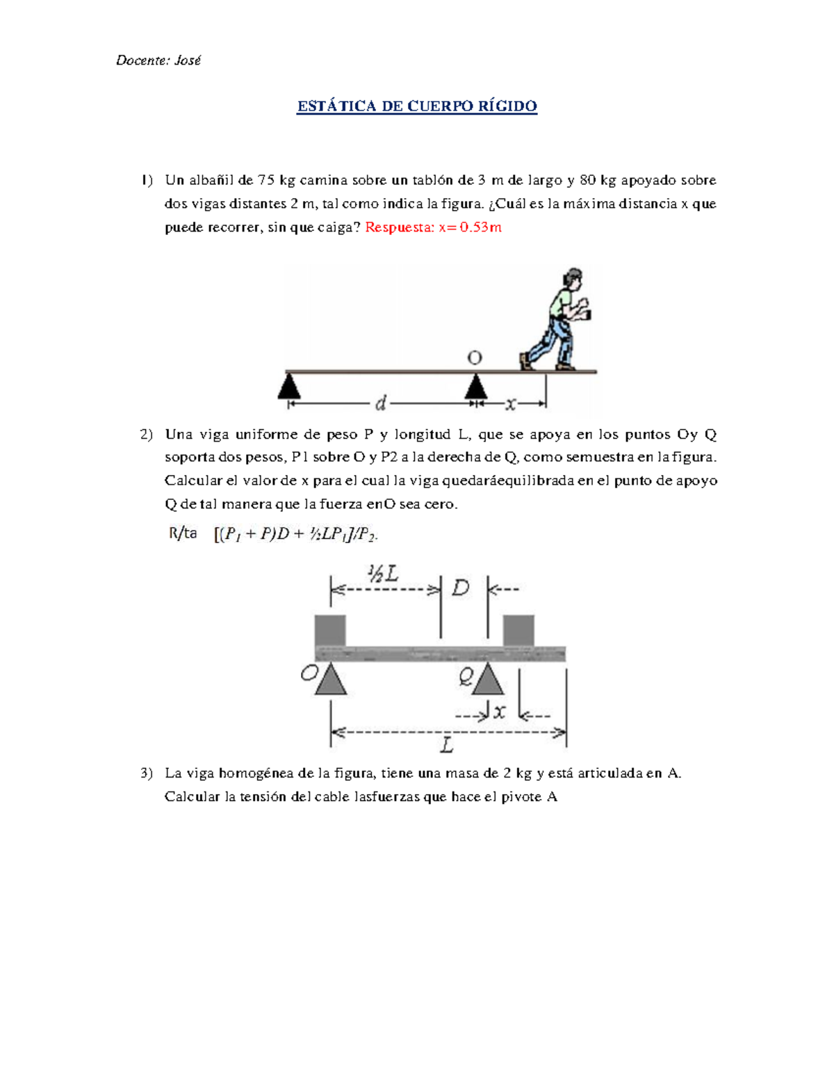 Estática de Cuerpo Rígido - Ejercicios y Soluciones (Docente: José Doria) - Studocu