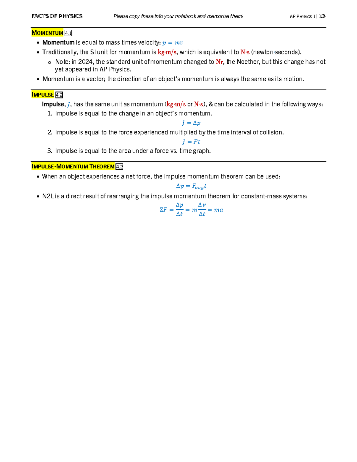 AP PHYSICS 1 Final Exam Notes: Momentum & Impulse Facts - Studocu