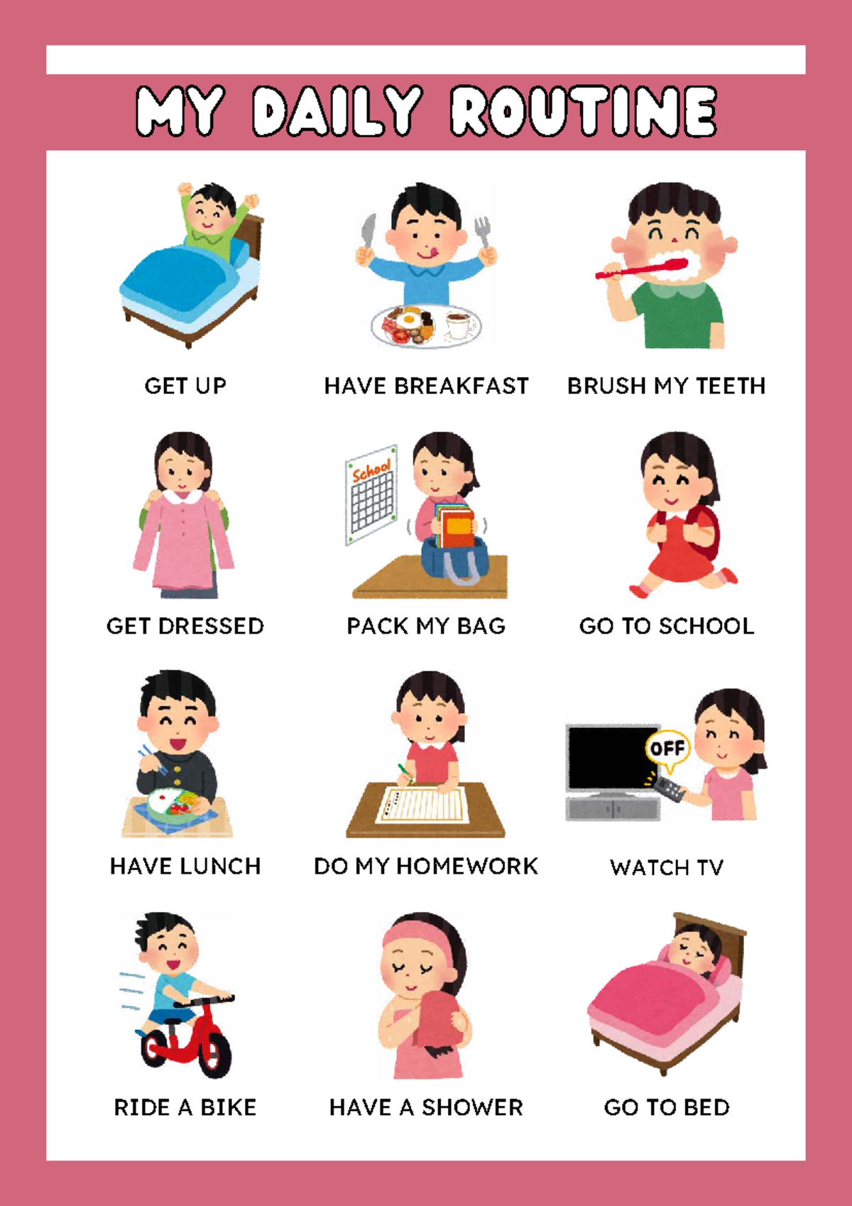 Daily routine picture dictionary worksheet in pink cute style - Ingles ...