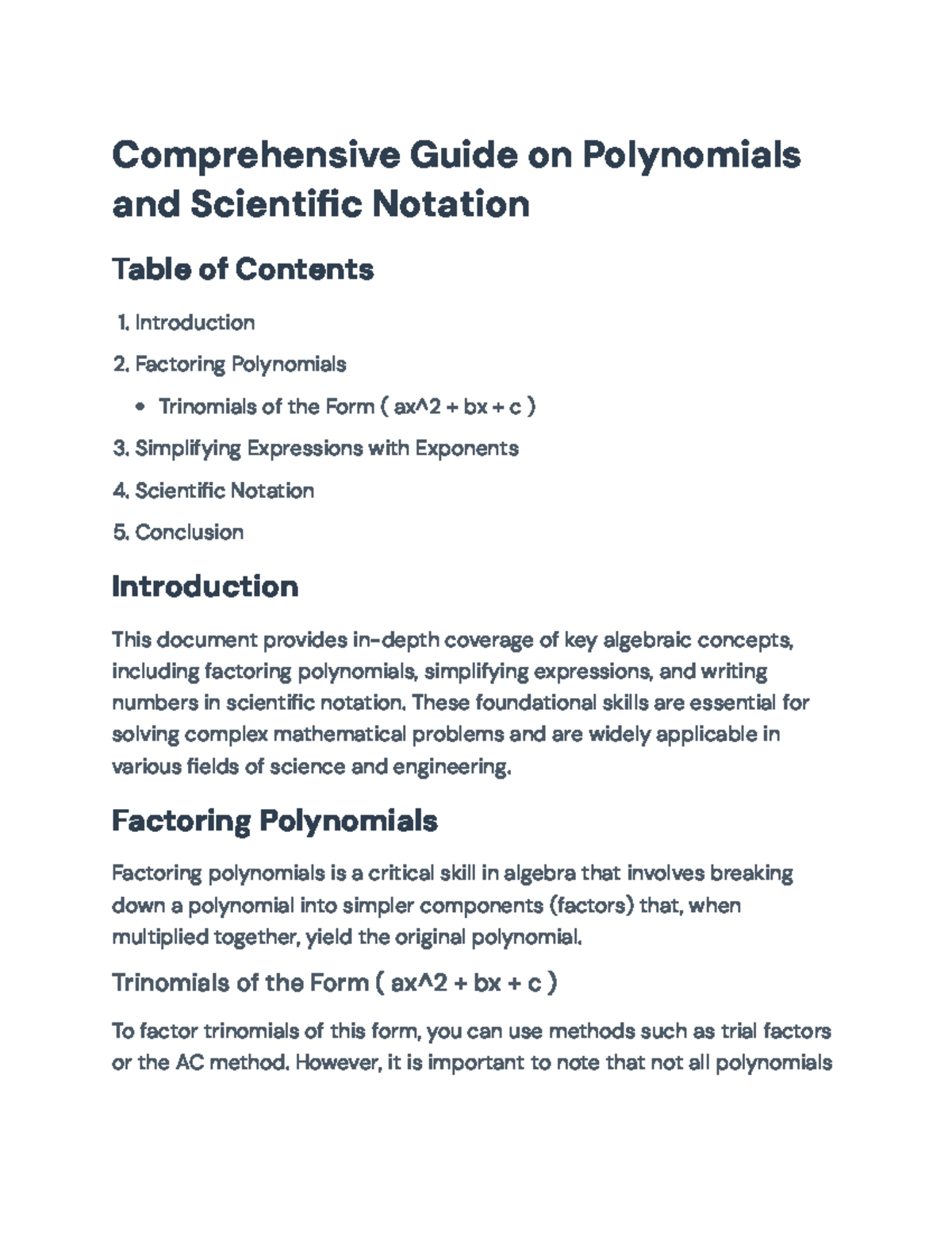 Algebra Concepts: Factoring Polynomials & Scientific Notation Guide ...