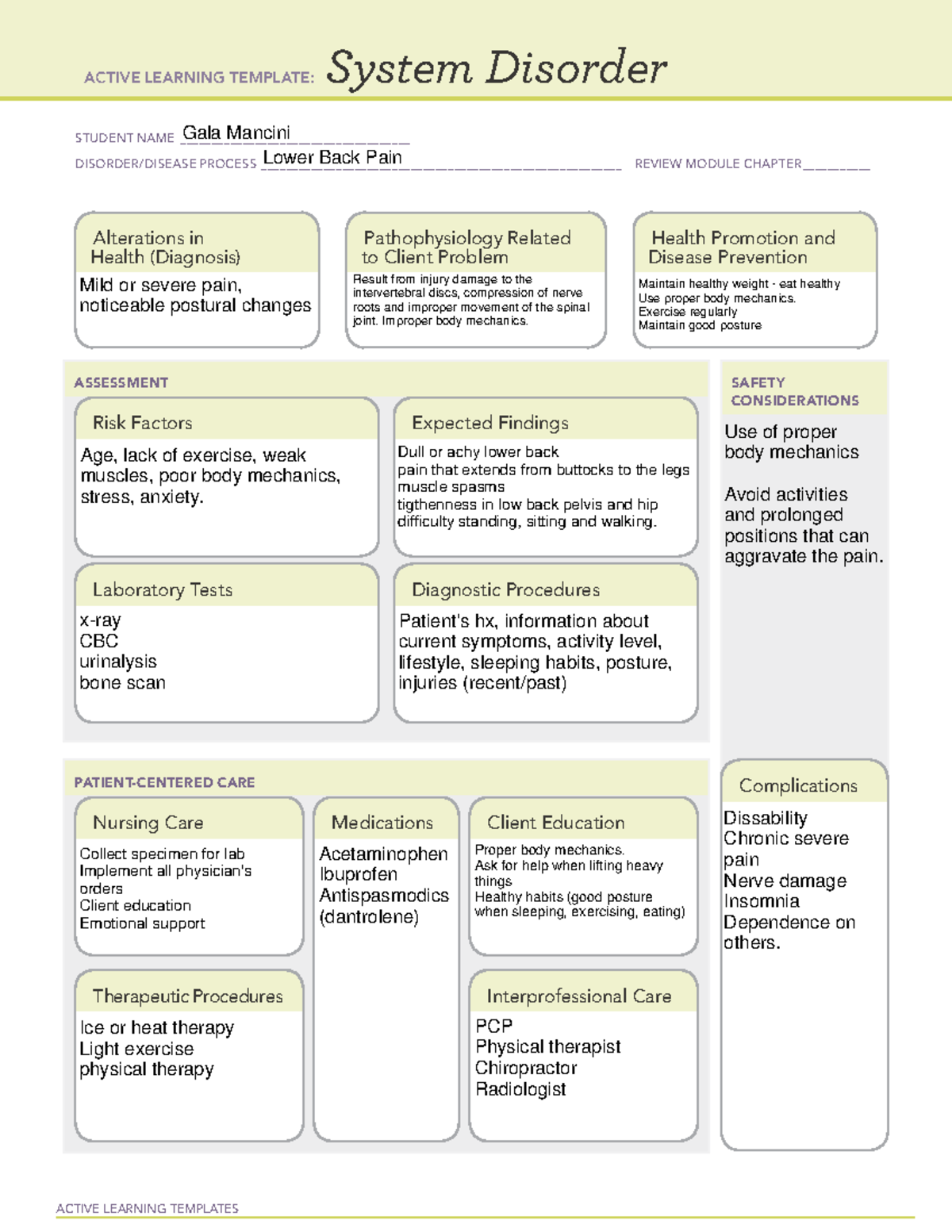 Active Learning Template: Lower Back Pain Assessment & Management - Studocu