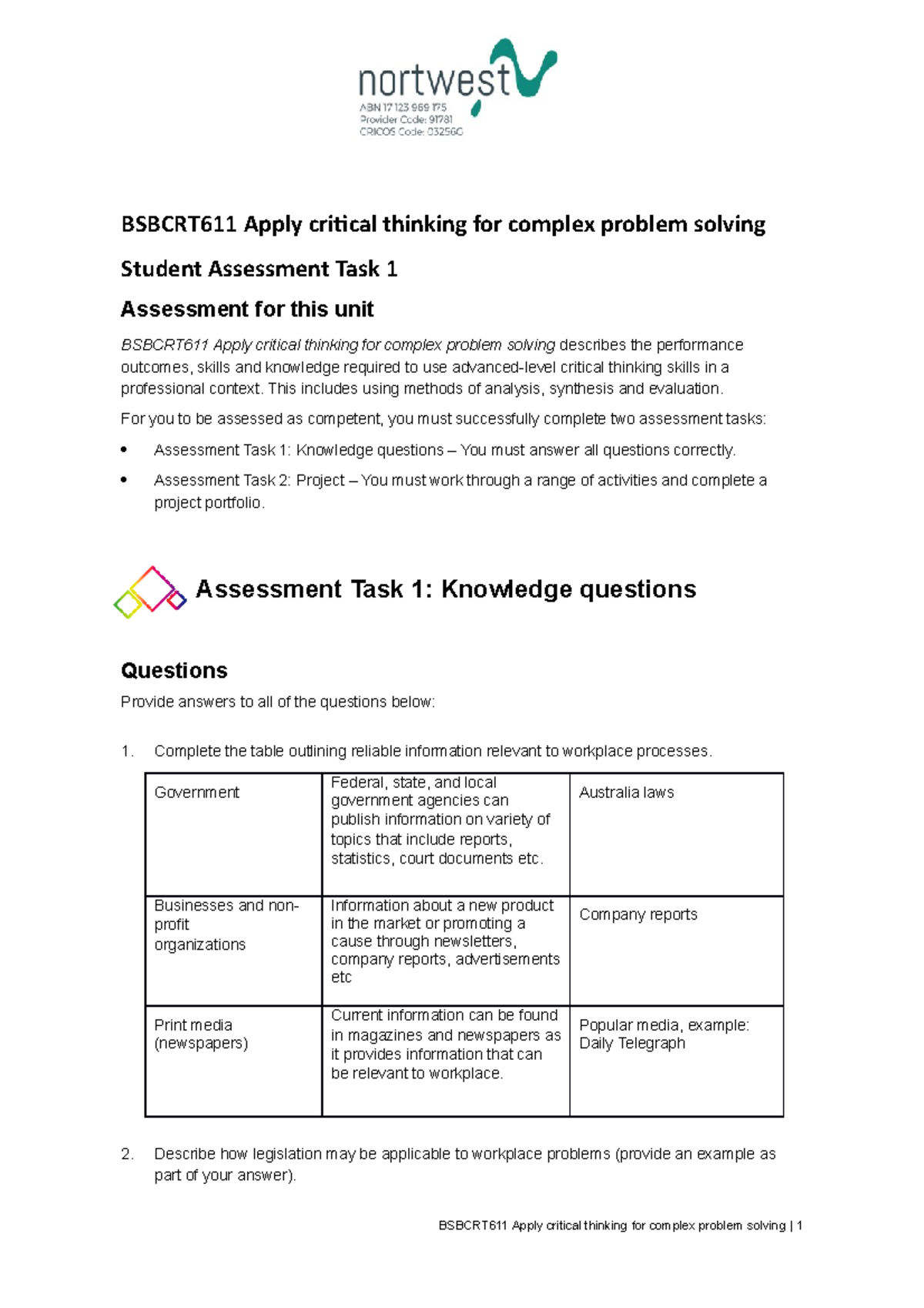 BSBCRT611 Assessment Task 1: Critical Thinking and Problem Solving - Studocu