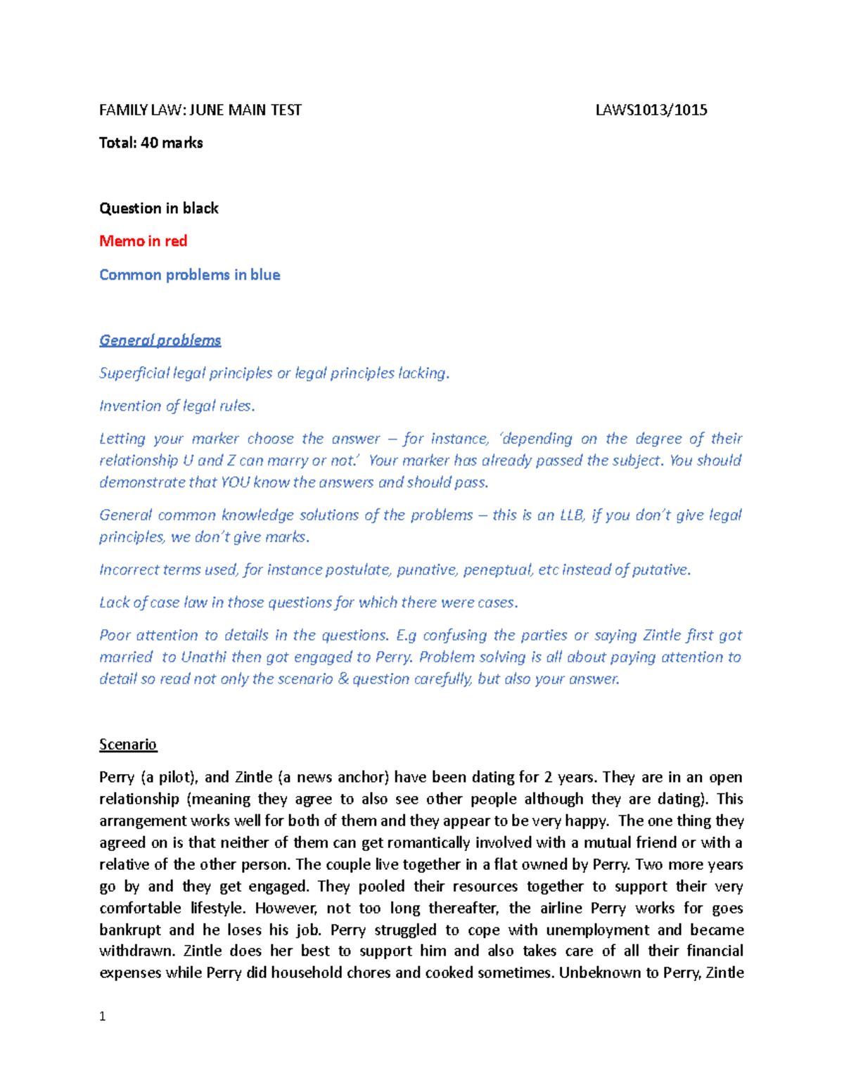 Family Law Memo: June Main Test Insights and Key Problems (Laws1013 ...