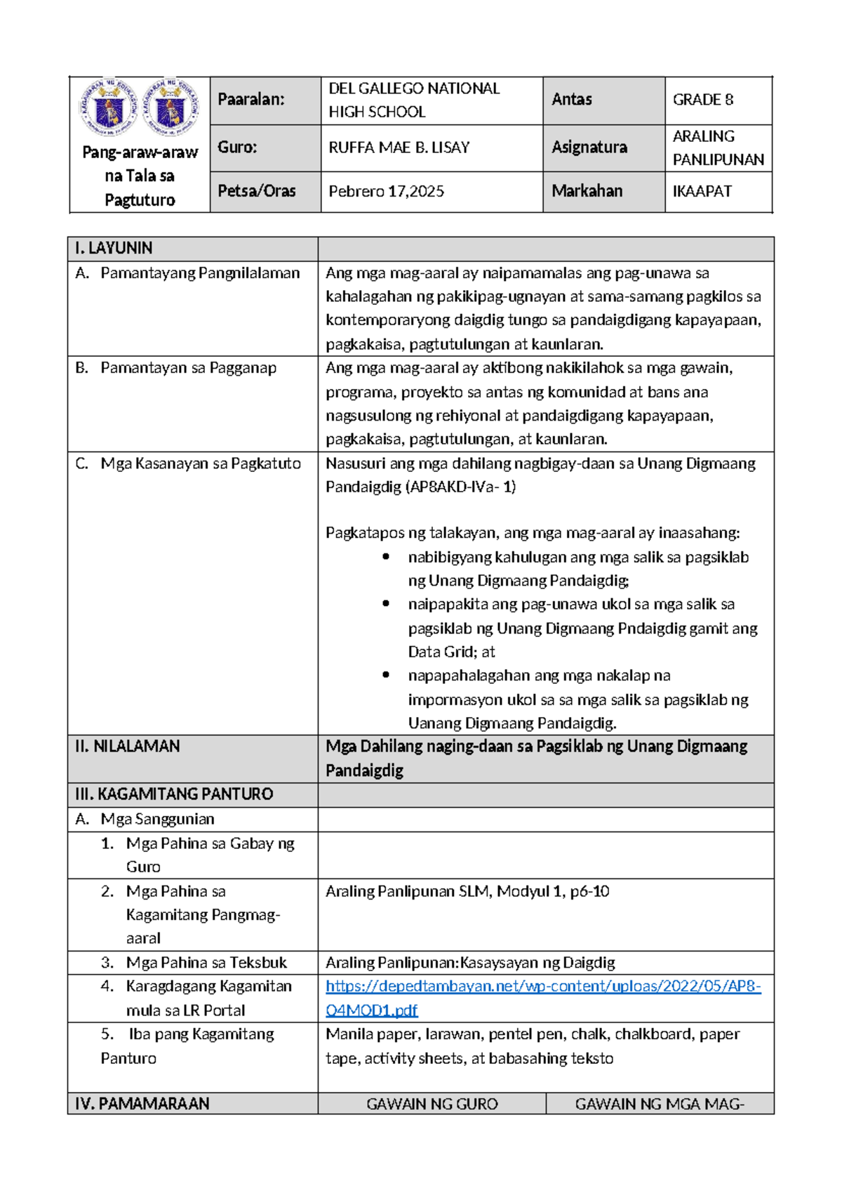 AP-8 (Lesson Plan-Lesson 1) - Pang-araw-araw na Tala sa Pagtuturo ...