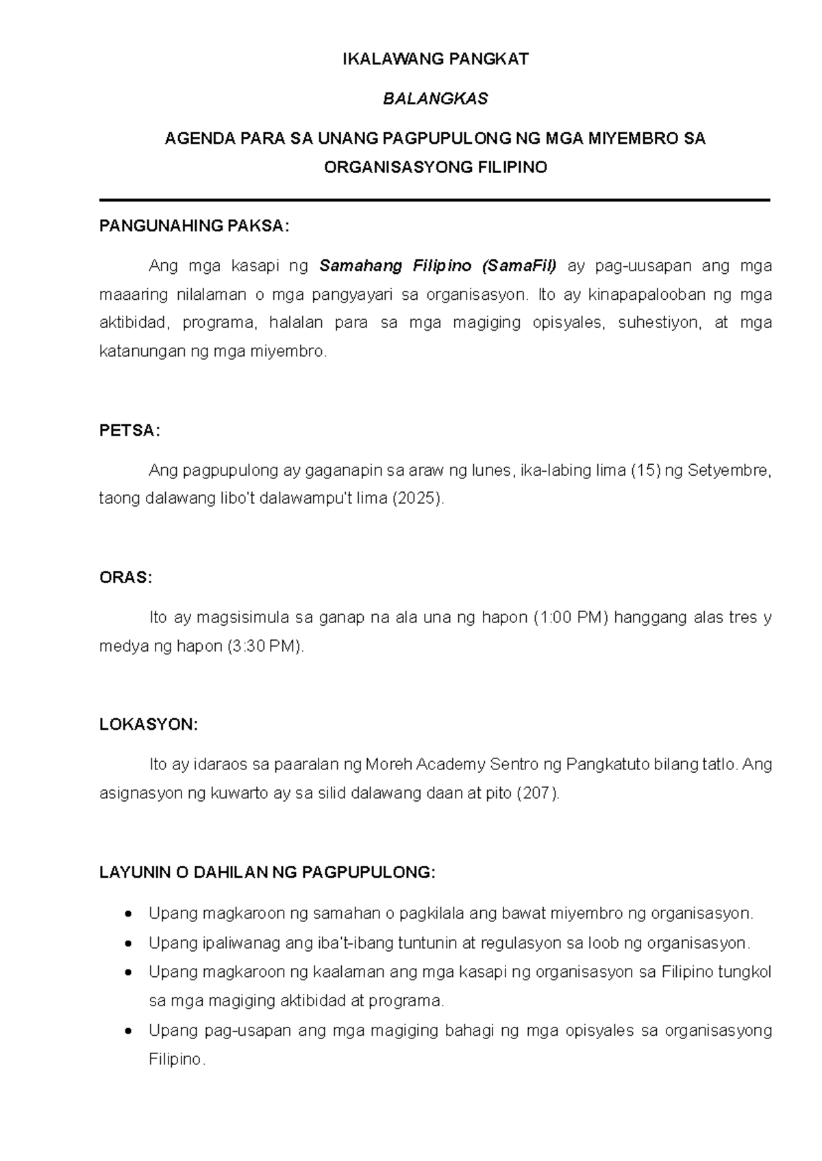 IKALAWANG PANGKAT AGENDA PARA SA UNANG PAGPUPULONG NG SAMAHANG FILIPINO ...