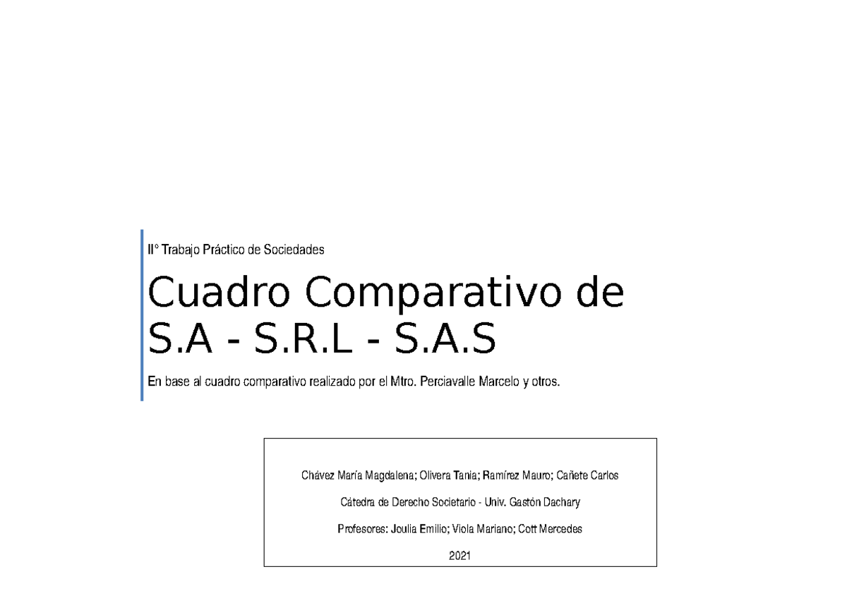 Cuadro Comparativo SA-SRL-SAS. Terminado. - Derecho Privado Parte General - UNNE - Studocu