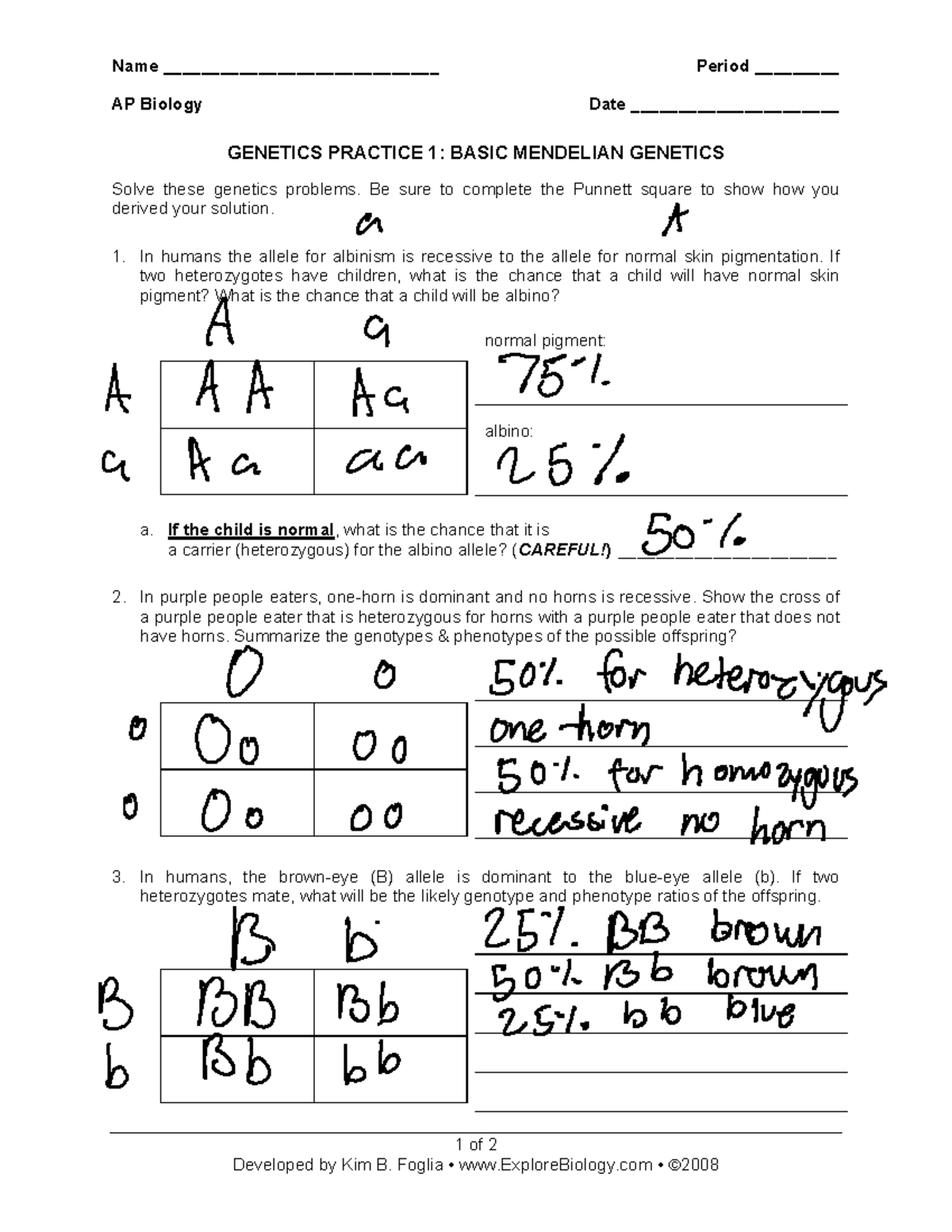 AP Biology - Genetics Practice: Mendelian Principles and Pedigree ...