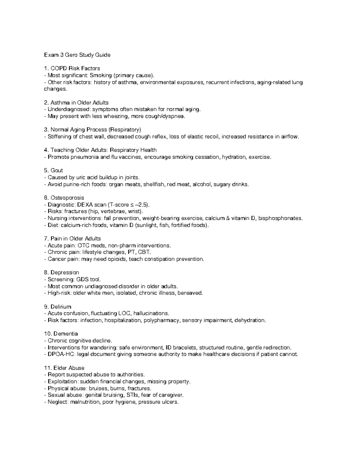 Exam 3 Gero Study Guide - Key Topics in Aging and Health - Studocu