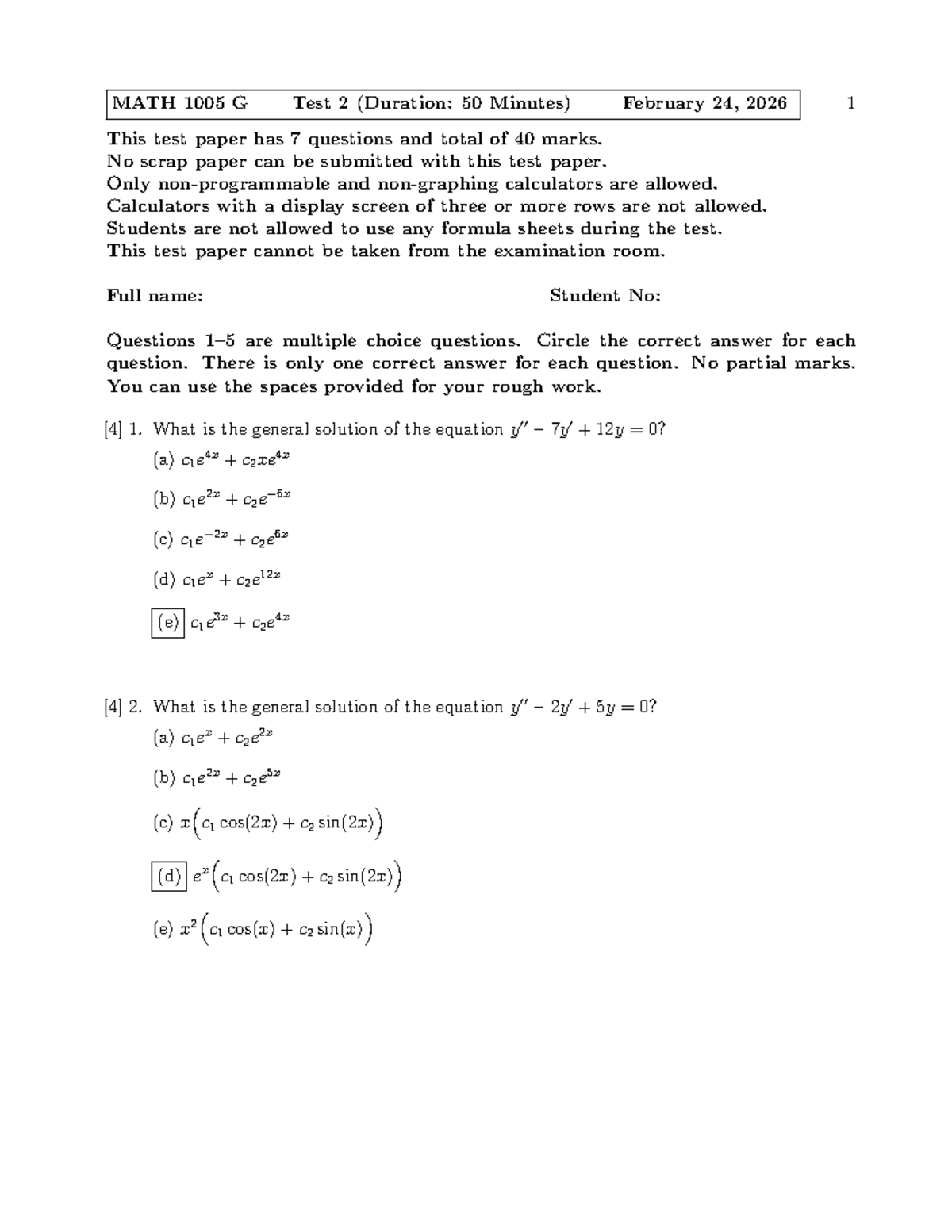 MATH 1005 G Test 2 Solutions - February 24, 2026 - Studocu