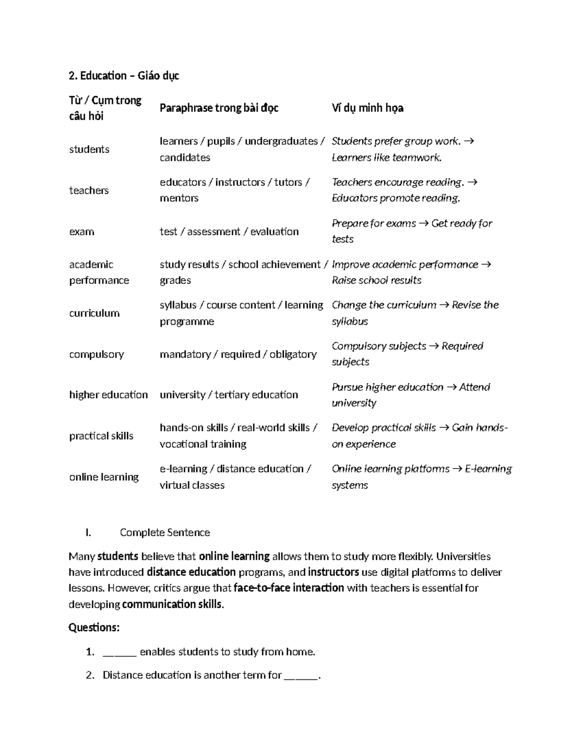 2. Education - Giáo dục - Paraphrase & Homework Insights - Studocu