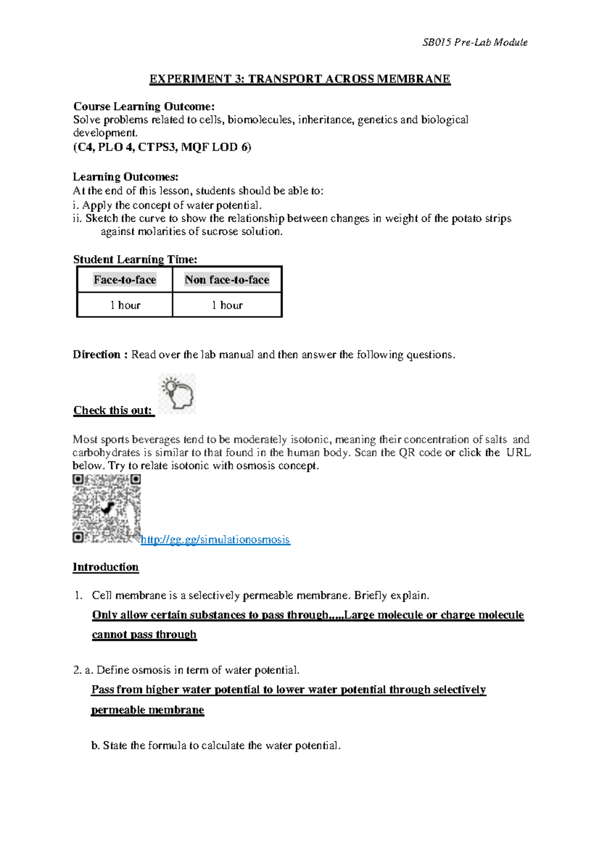 SB015 Pre-Lab: Membrane Transport and Water Potential Concepts - Studocu