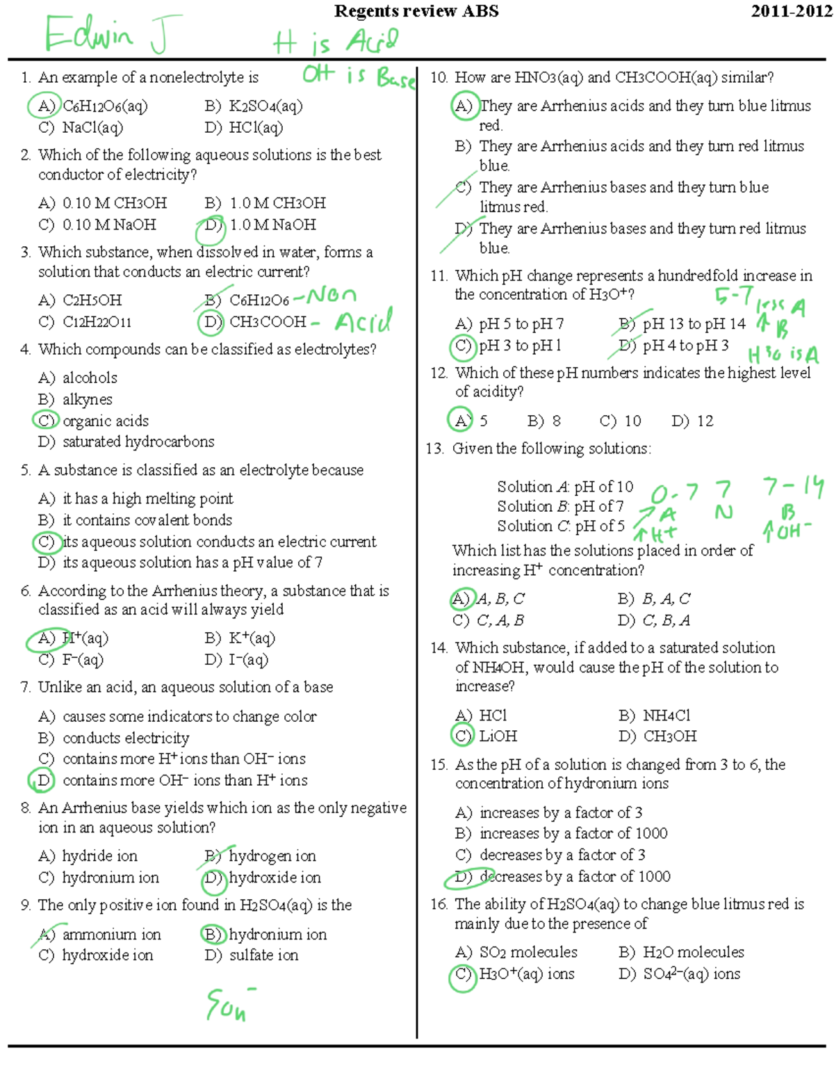Regents Review: Acids, Bases, and Salts (ABS 2011) Study Guide - Studocu