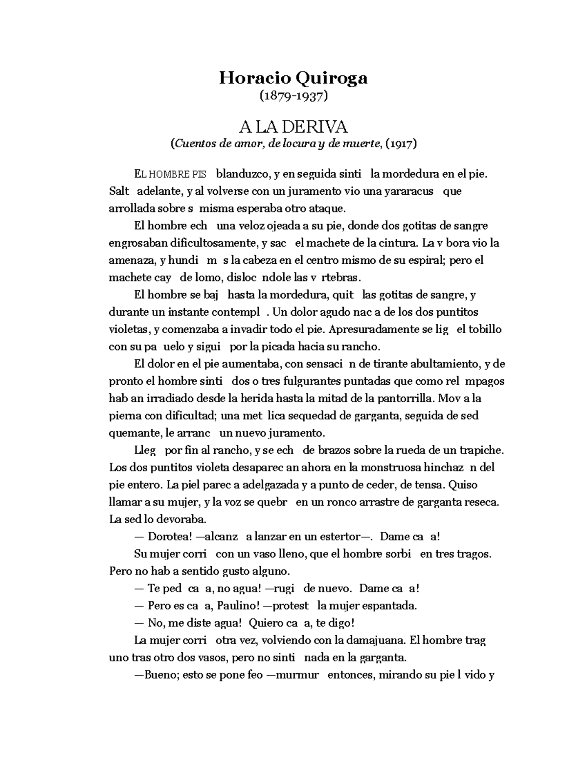 A LA Deriva: Análisis del Cuento de Horacio Quiroga (1917) - Studocu