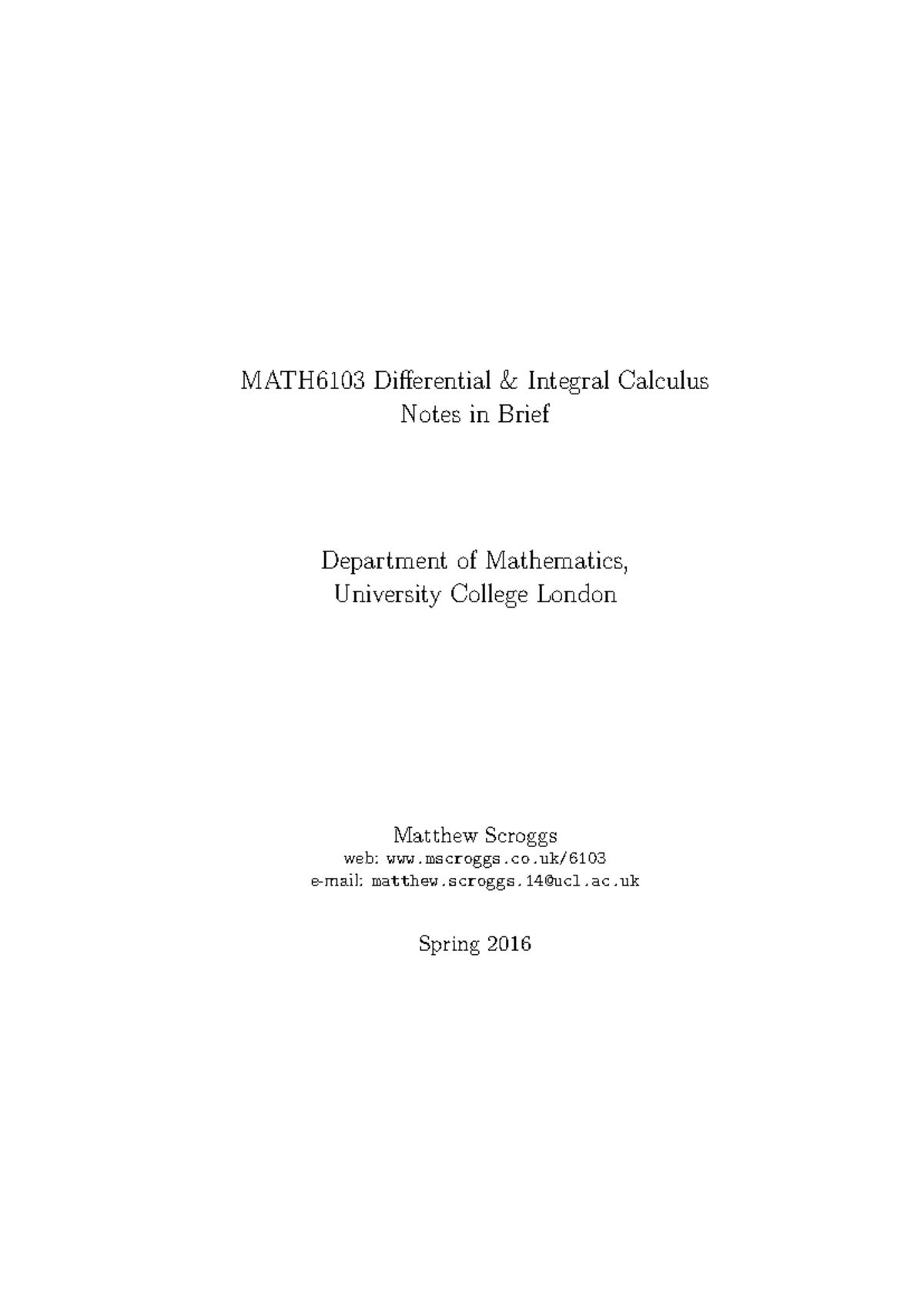 MATH6103 Differential & Integral Calculus: Notes in Brief by Scroggs ...