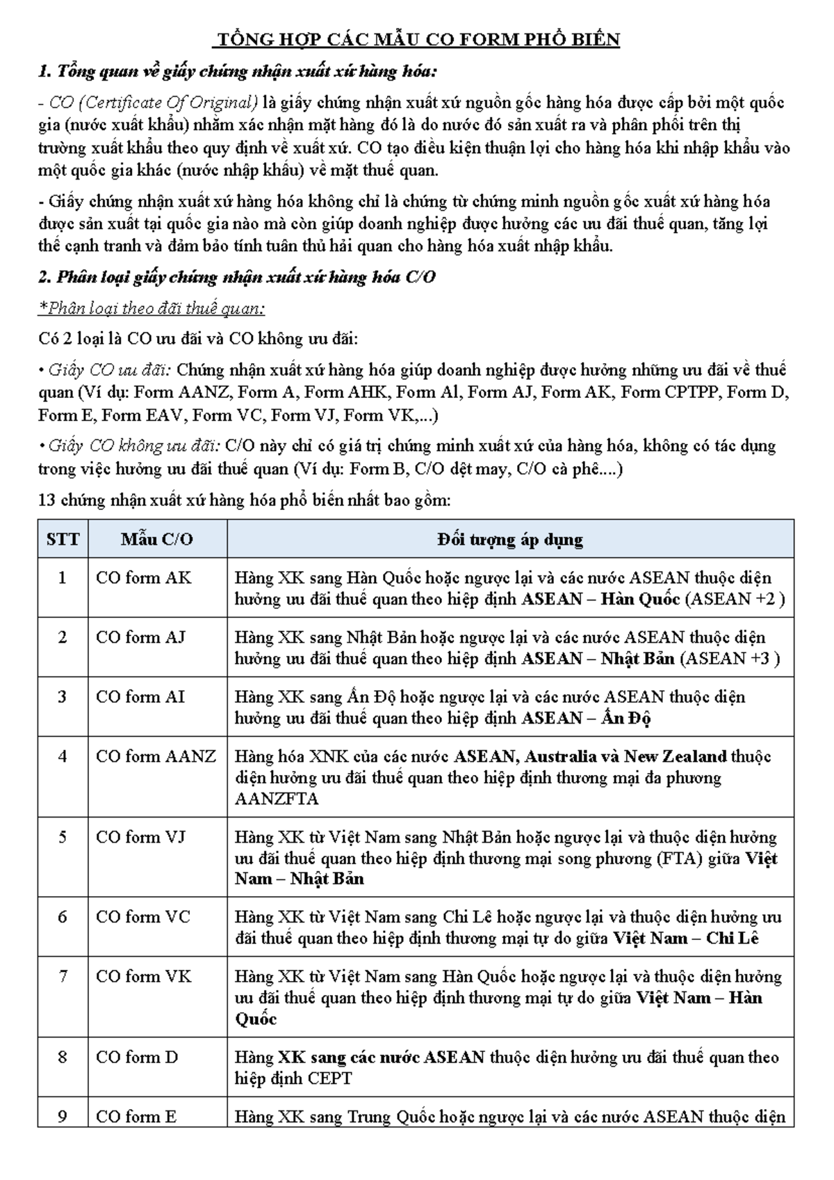 Tổng Hợp Các Mẫu CO Form Phổ Biến: Hướng Dẫn Chi Tiết - Studocu