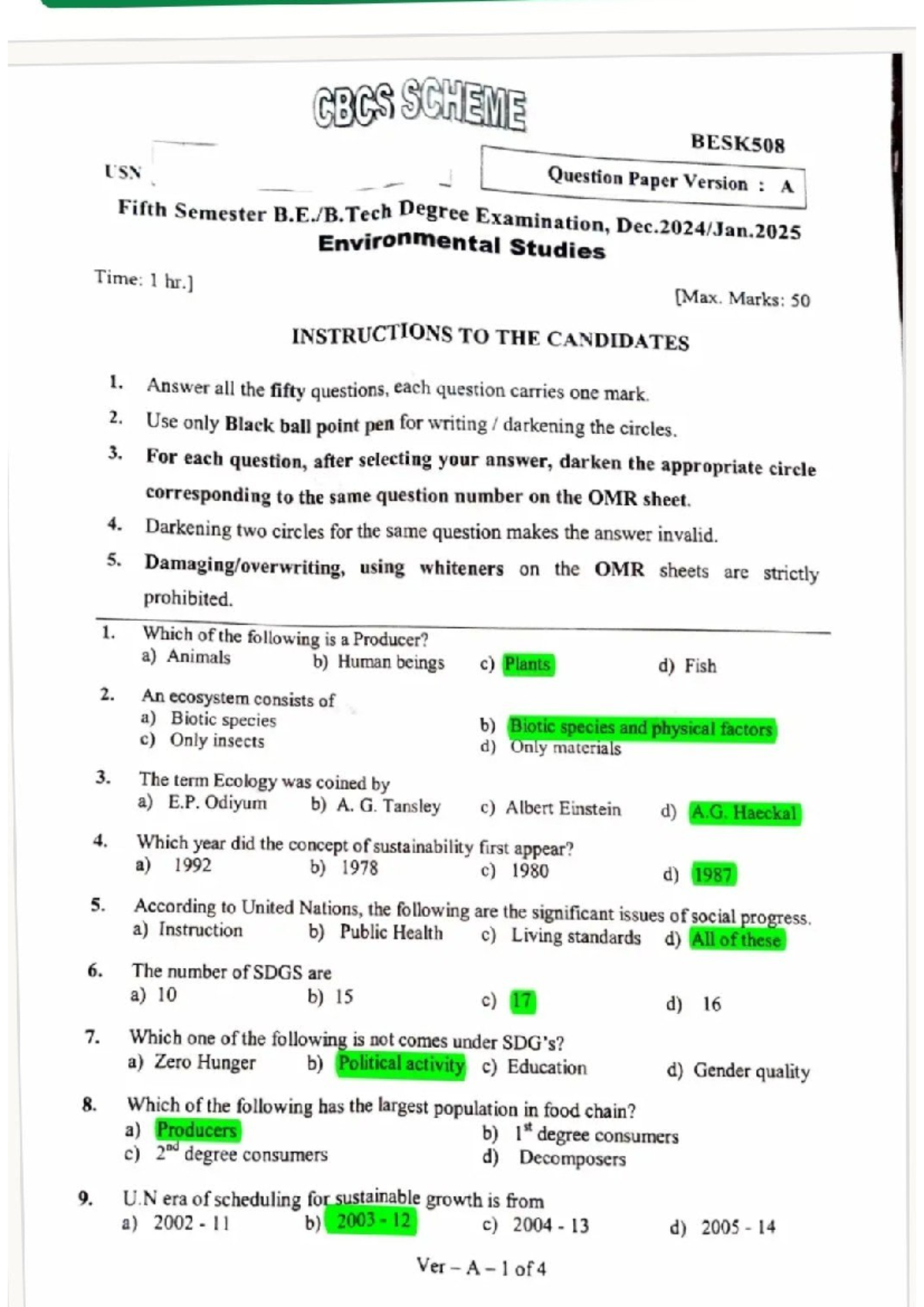 BESK508 Environmental Studies Fifth Semester Question Paper - Version A ...