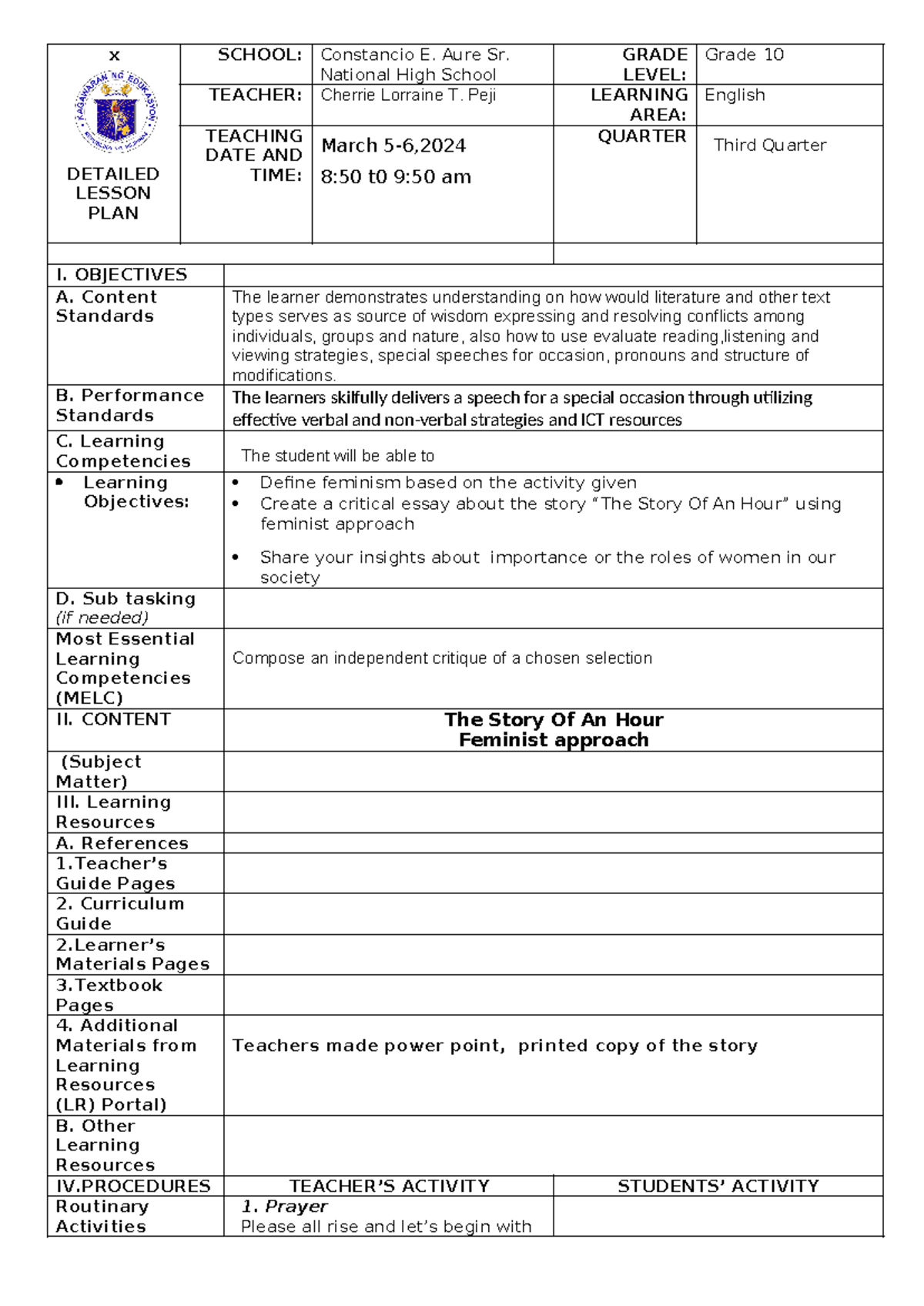 Detailed Lesson Plan: Feminist Approach in English 10 - Studocu