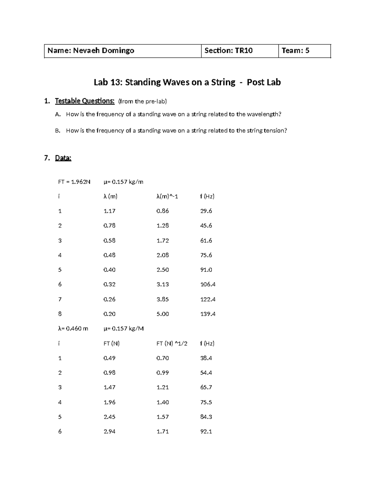 Lab 13: Standing Waves on a String - Post Lab Analysis (TR10) - Studocu