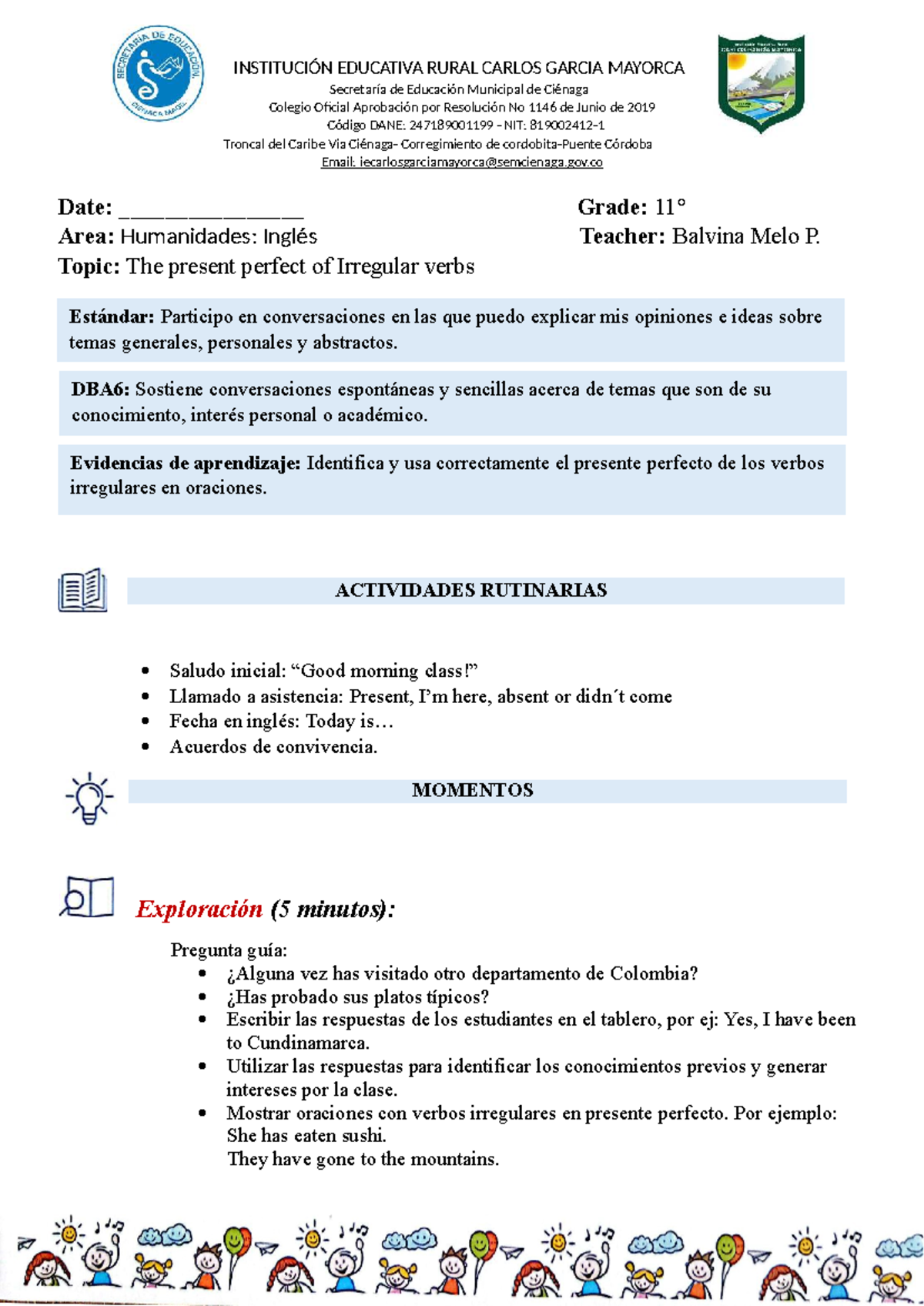 Plan de Clase: Presente Perfecto de Verbos Irregulares - 10° - Studocu