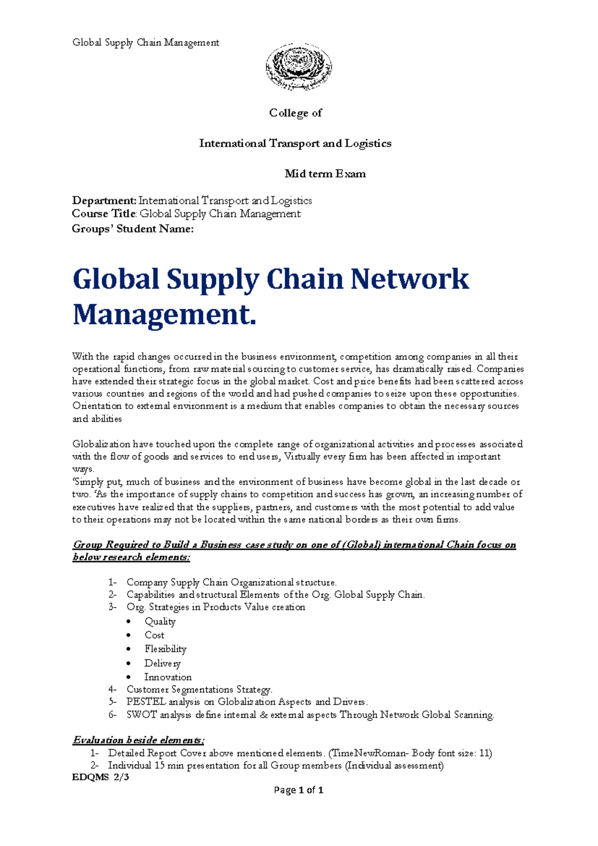 EDQMS 2: Global Supply Chain Management Mid-Term Exam Guide - Studocu