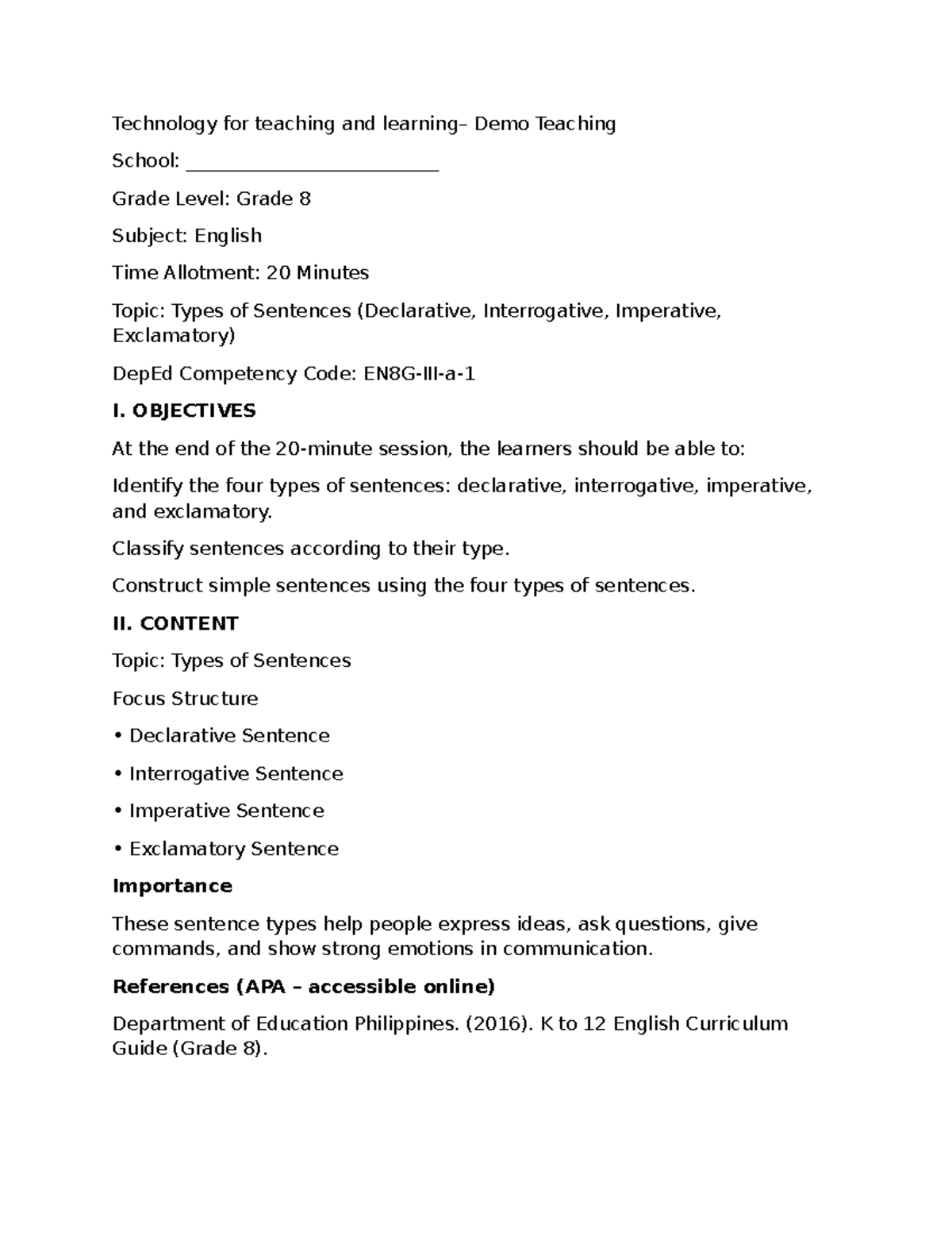 TTL- Lesson Plan: Types of Sentences for Grade 8 English - Studocu