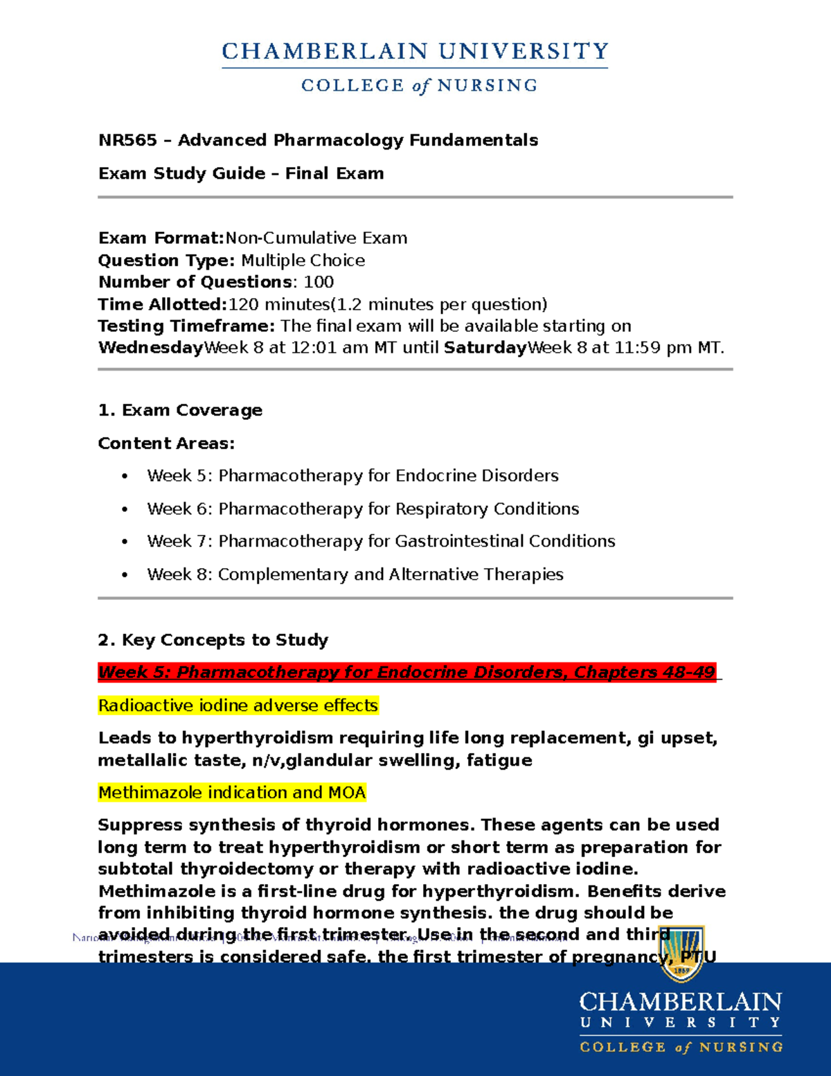 NR565 Advanced Pharmacology Final Exam Study Guide - Studocu