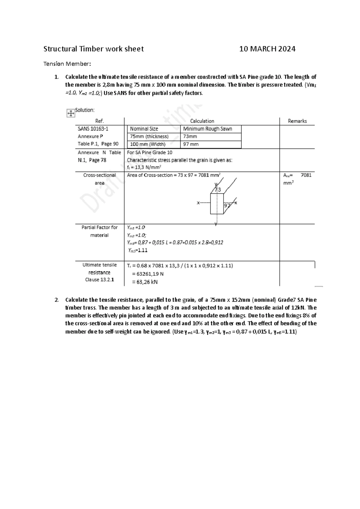 Timber Design Analysis Worksheet - Structural Calculations for Course ...