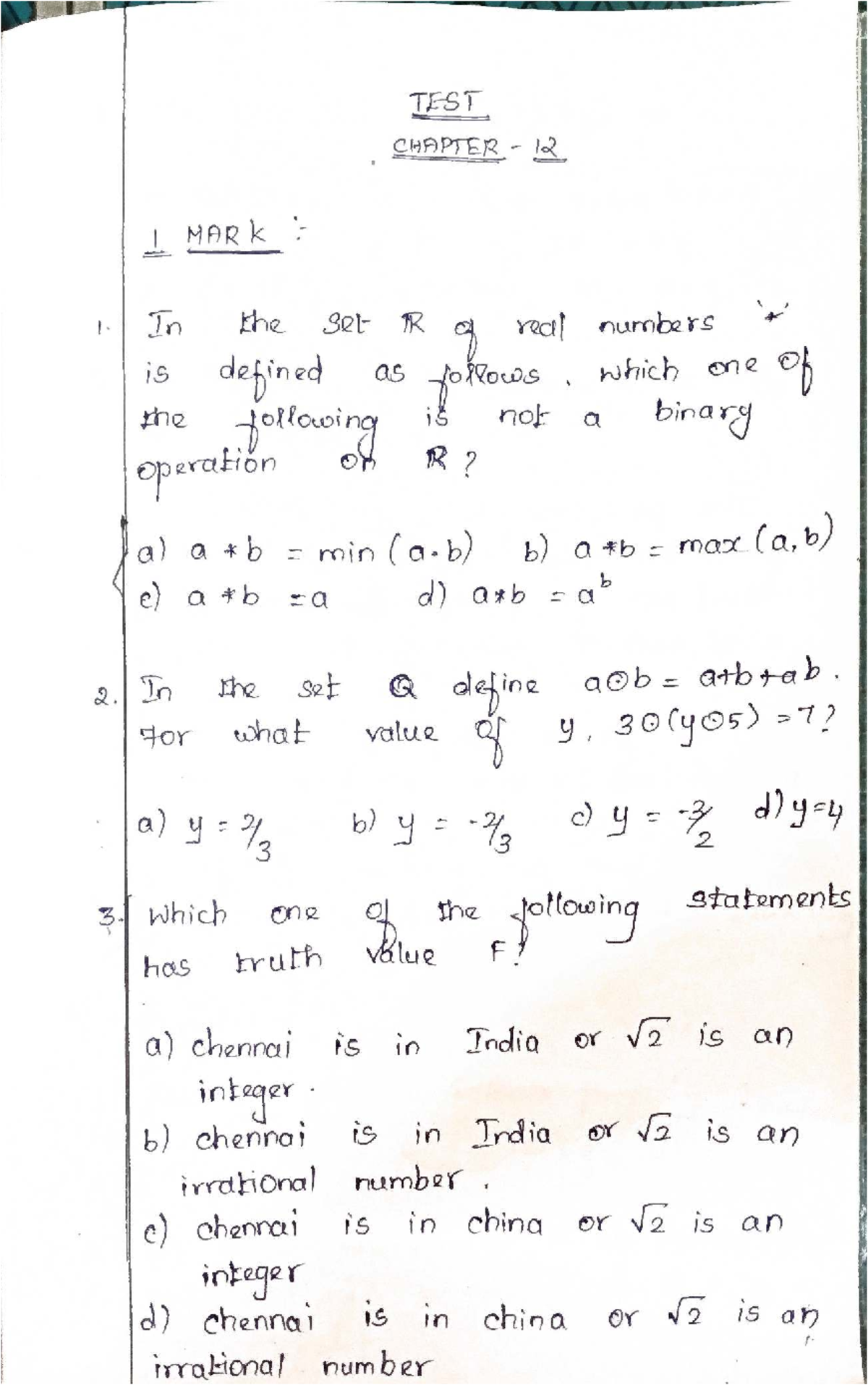 Chapter 12 Test - Binary Operations and Propositions (Course Code: TEST ...