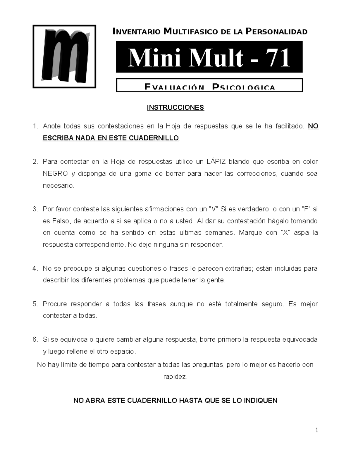 Mini Mult 71: Instrucciones y Preguntas para Evaluación Psicológica ...