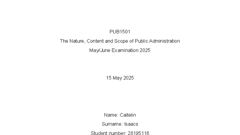 PUB1501 Examination Answer Sheet Sample for Public Administration 2025 ...