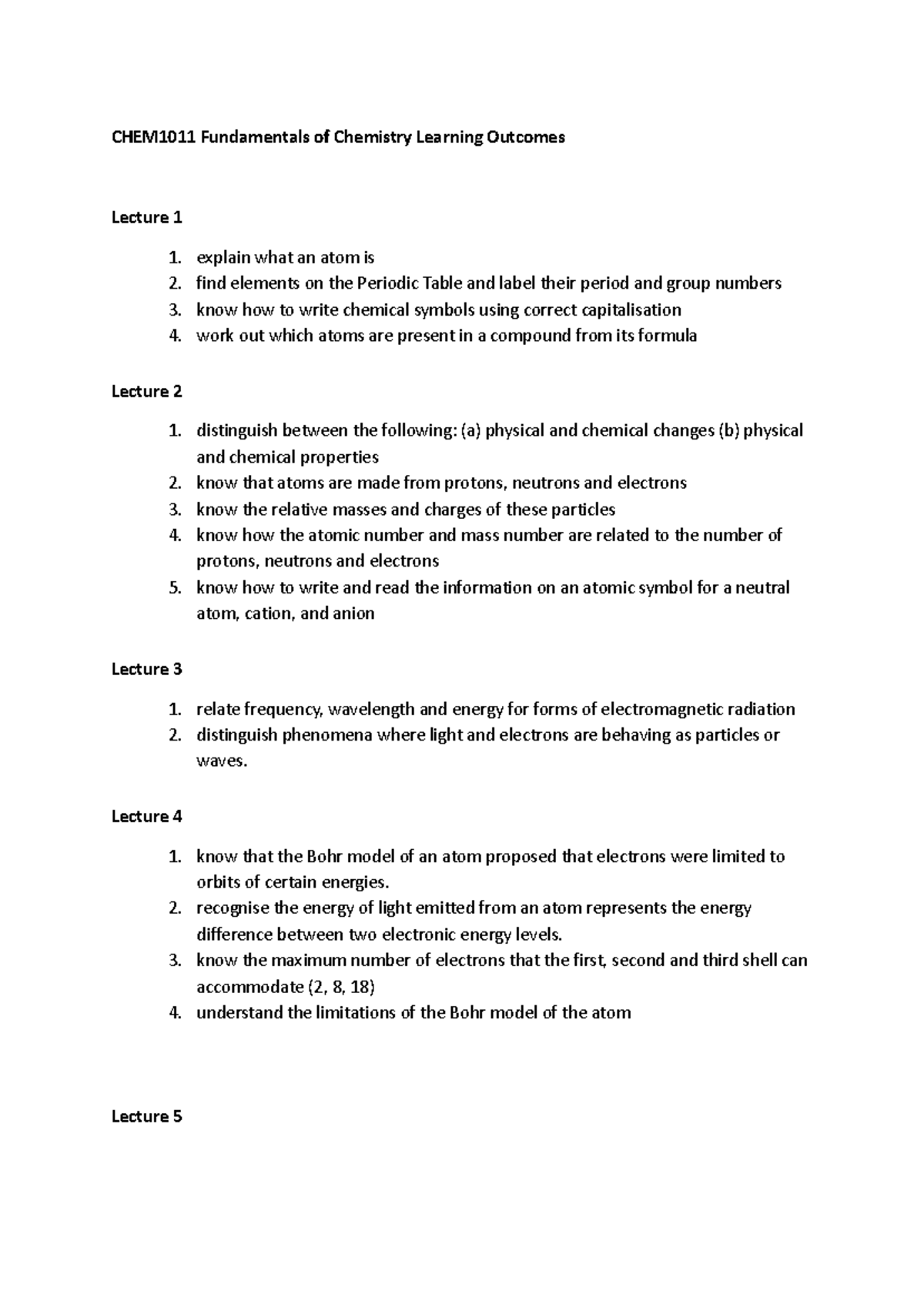 CHEM1011 Learning Outcomes: Key Concepts from Lectures 1-37 - Studocu