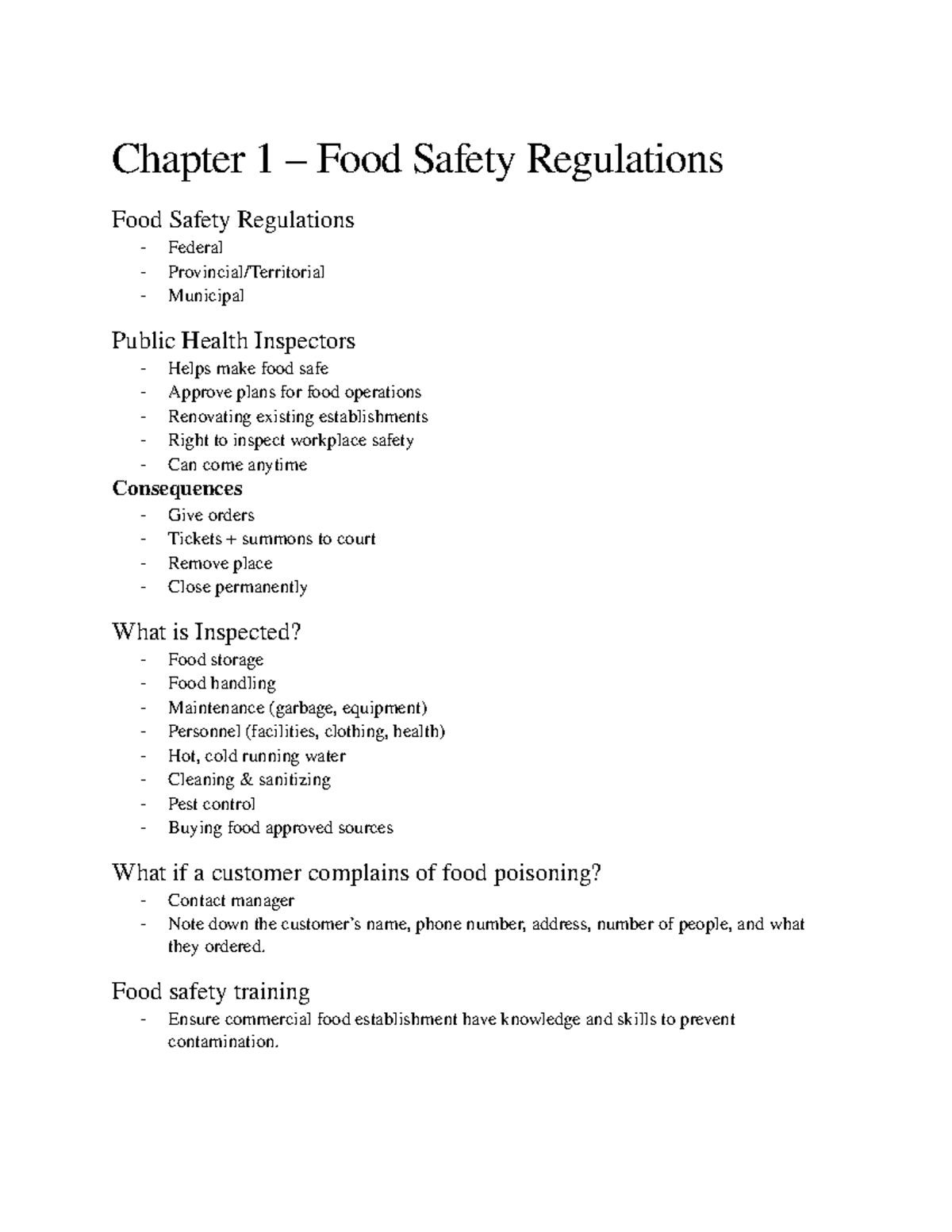 Chapter 1 - Overview of Food Safety Regulations and Inspections - Studocu