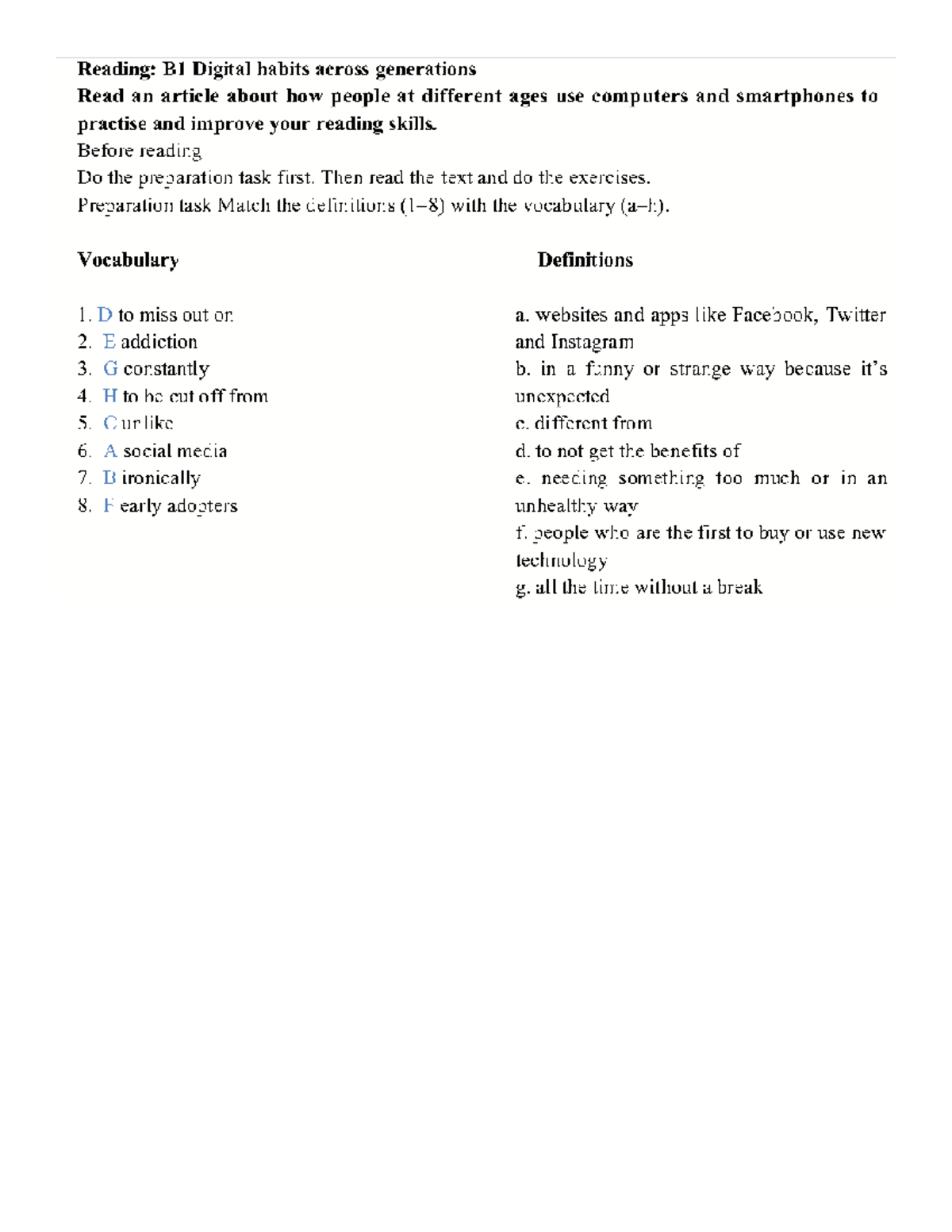 B1 Reading Exercise: Digital Habits Across Generations - Studocu
