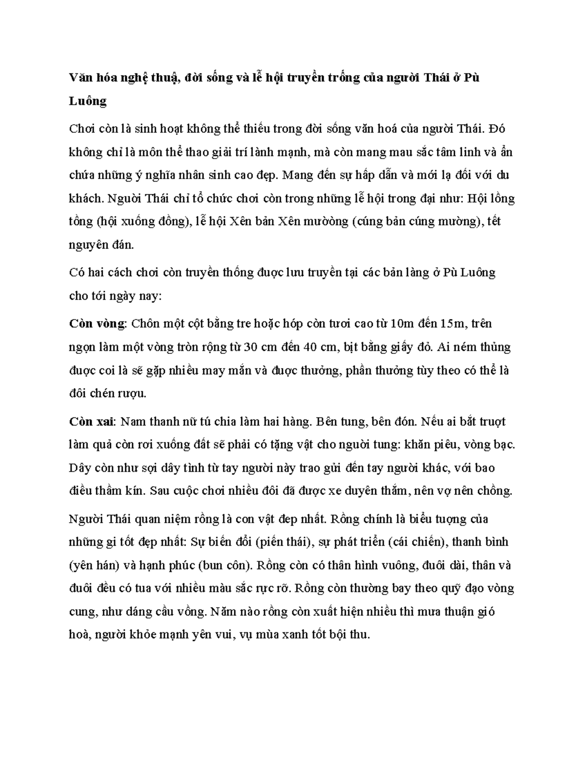 Văn hóa nghệ thuật và lễ hội truyền thống của người Thái ở Pù Luông ...