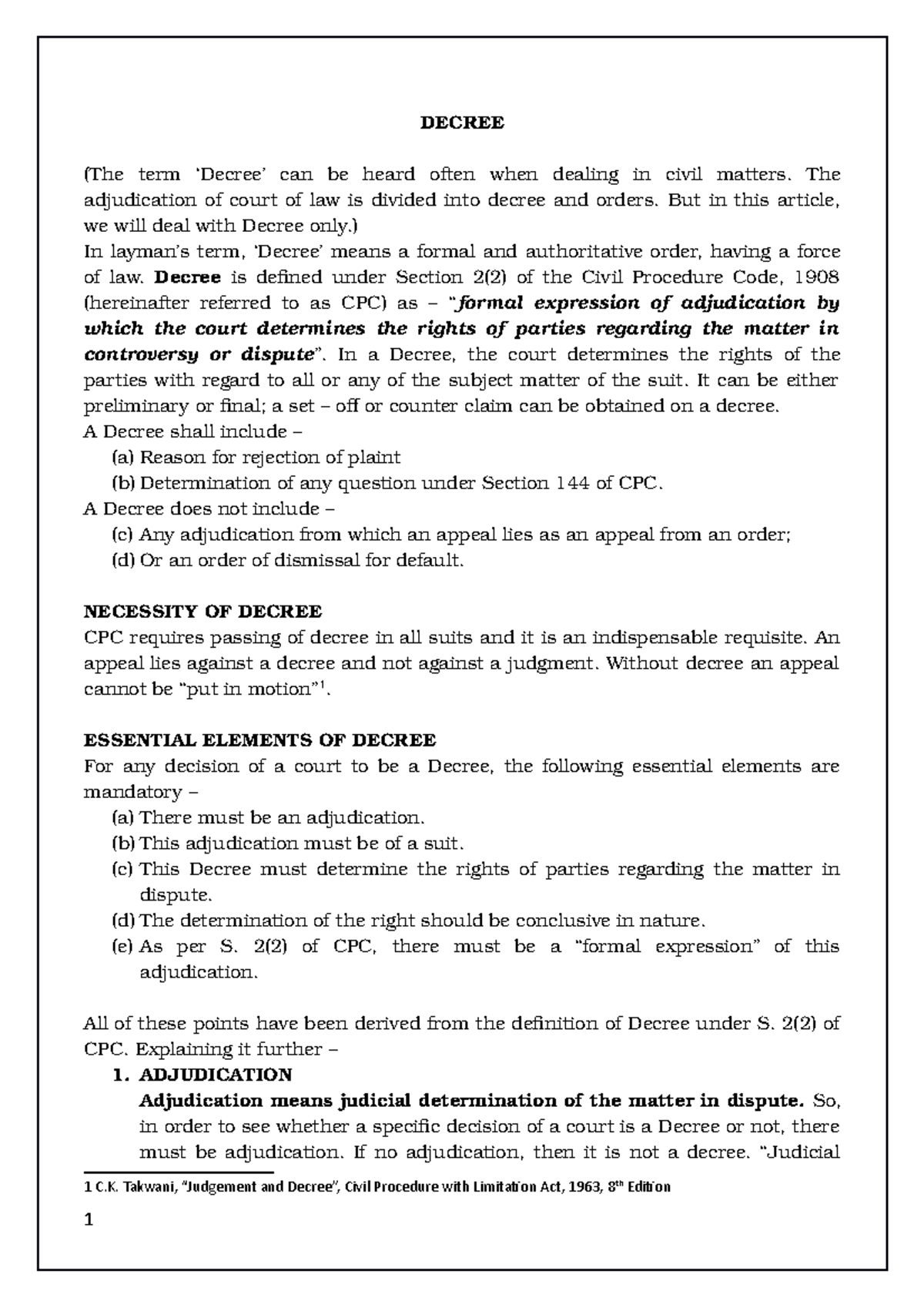 CPC 1908: Short Note on Decree – Definition & Essential Elements - Studocu