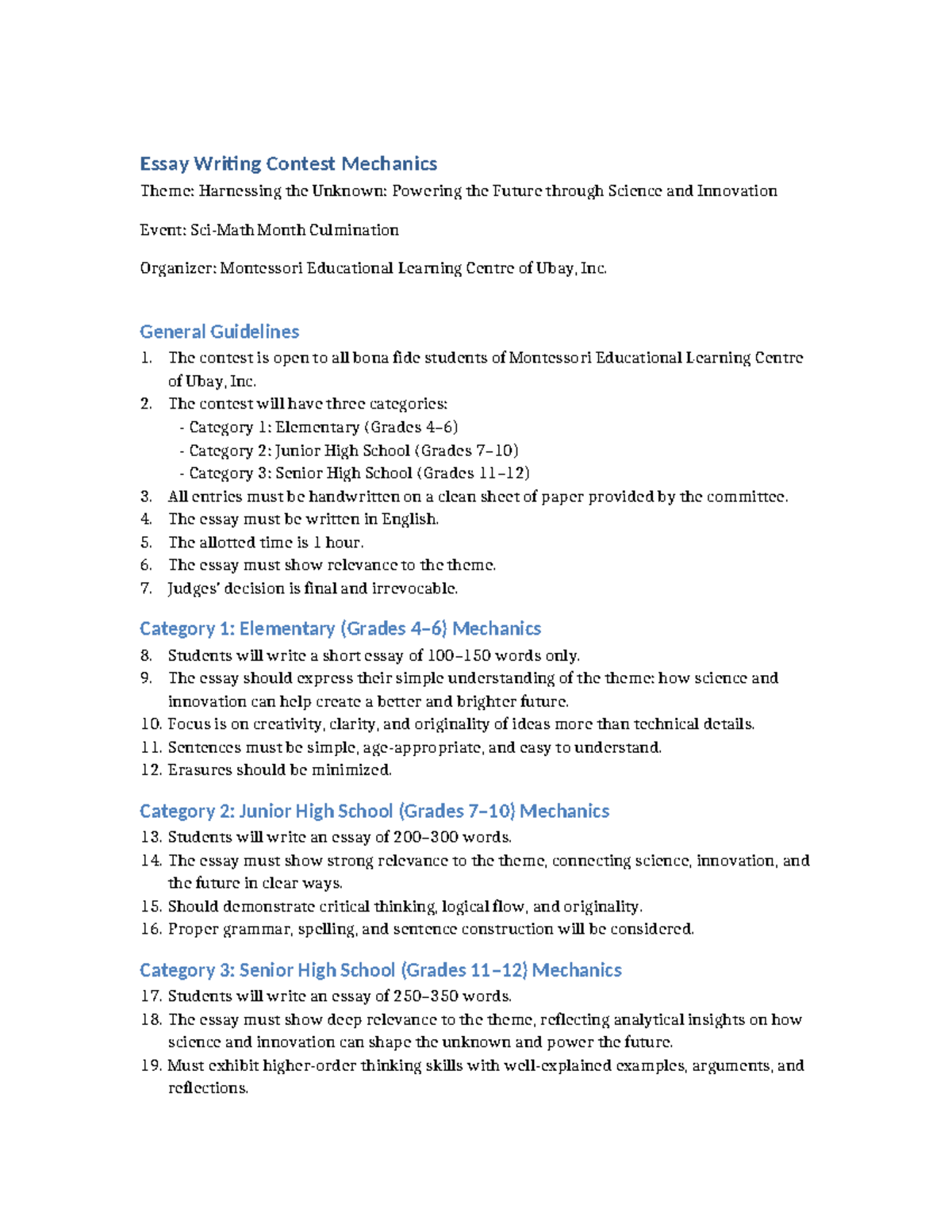 Essay Writing Contest Mechanics: Harnessing the Unknown Theme - Studocu