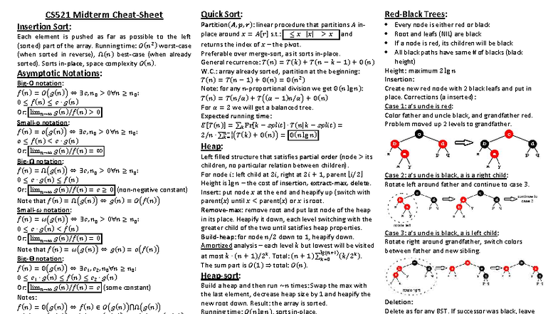 CS521 Midterm Cheatsheet: Insertion Sort & Recurrences Overview - Studocu