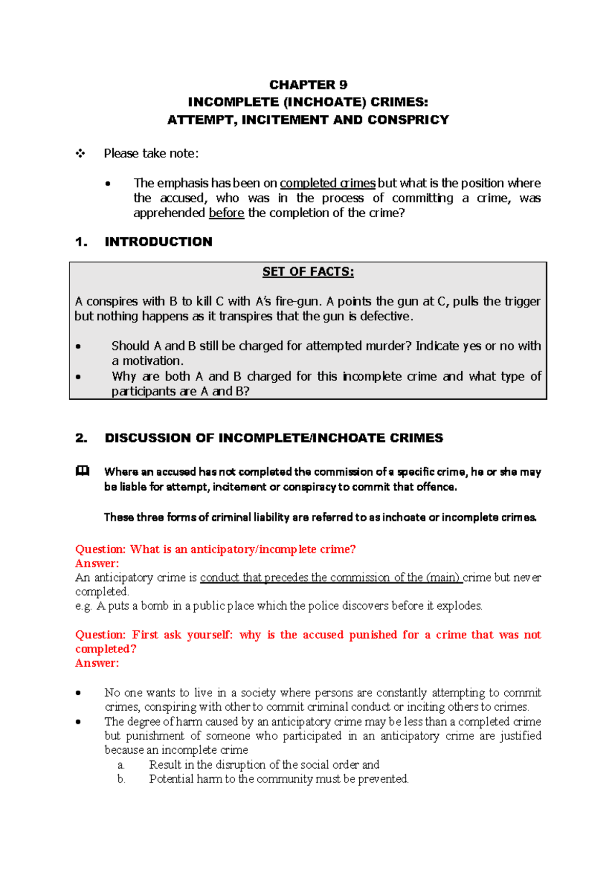 CHAPTER 9 INCOMPLETE (INCHOATE) CRIMES: ATTEMPT, INCITEMENT AND ...
