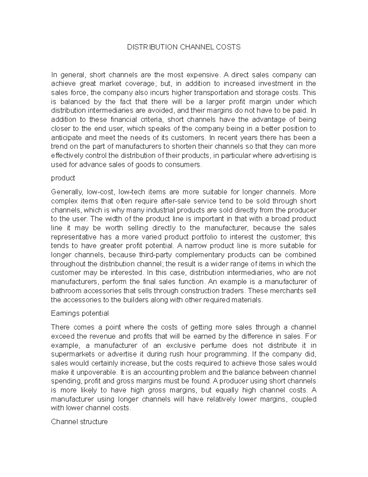 Understanding Distribution Channel Costs and Structures: A ...