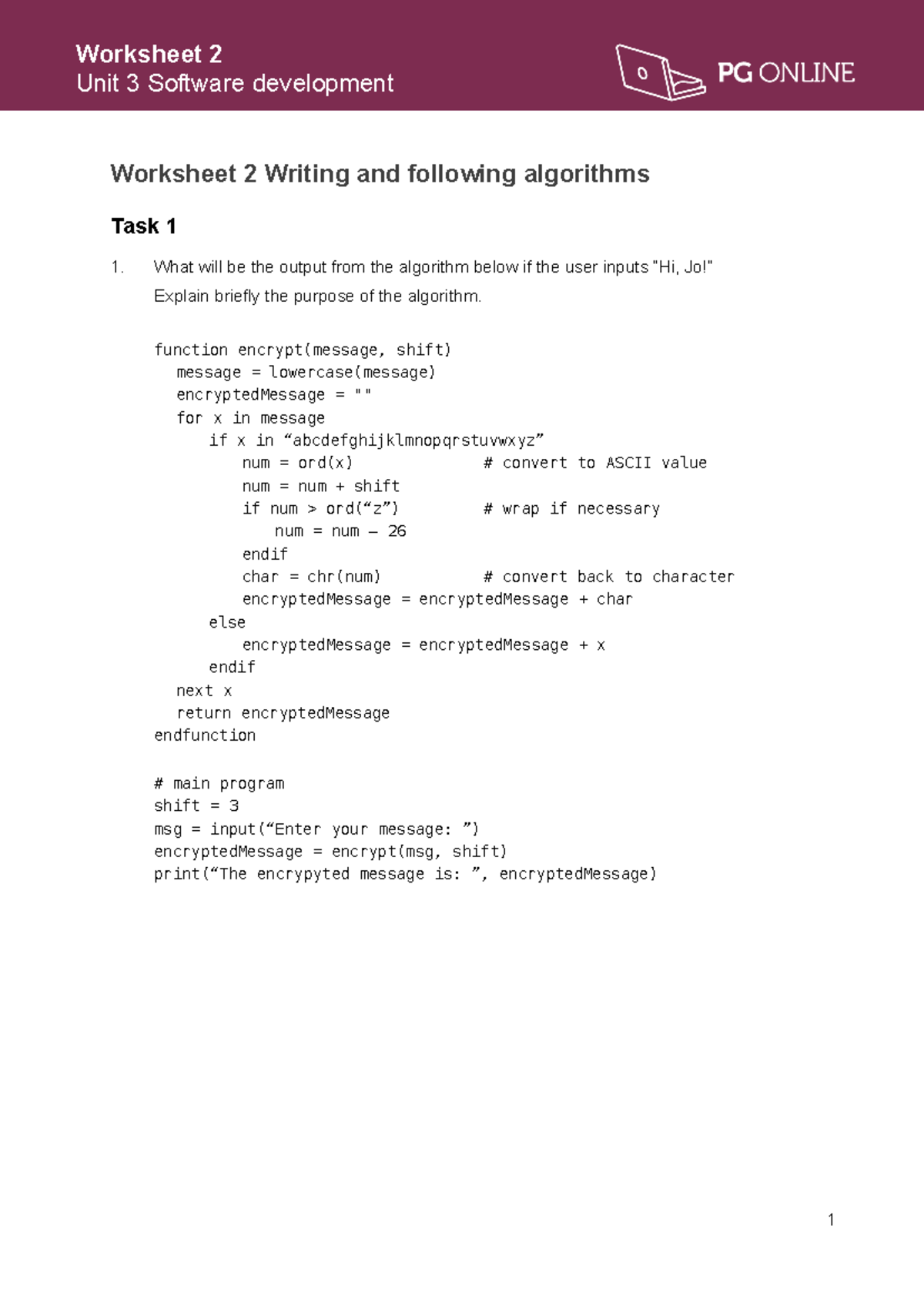 Software Development Worksheet 2: Algorithms & Pseudocode Tasks - Studocu