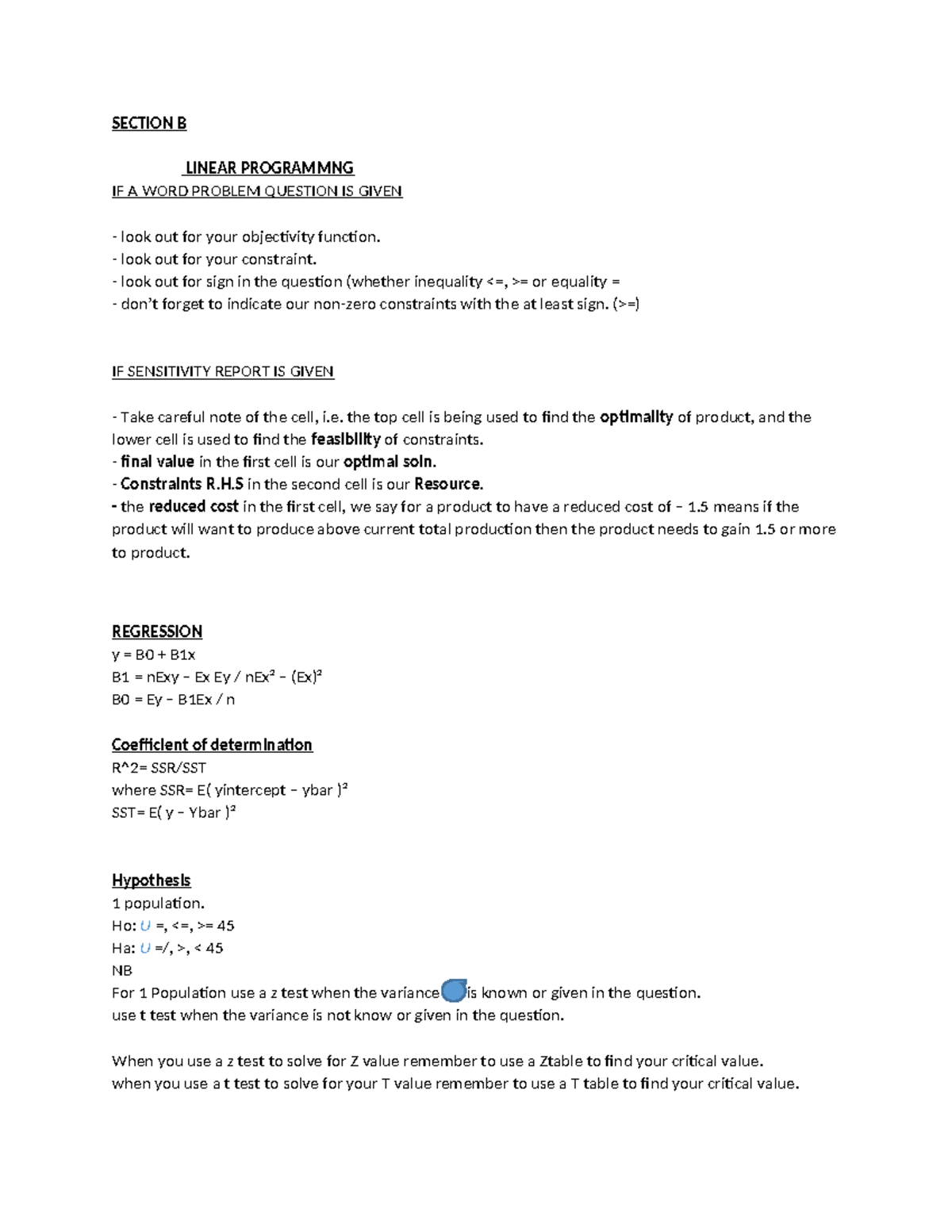 Notes on linear programming and regression analysis for exam ...