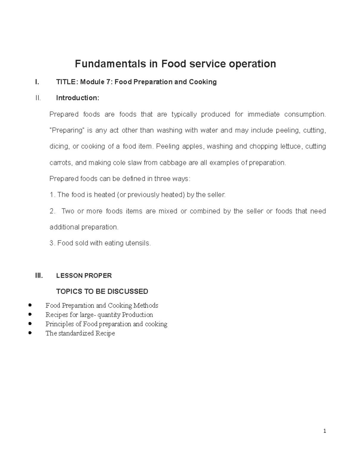 Fundamentals in Food service operation - TITLE: Module 7: Food ...