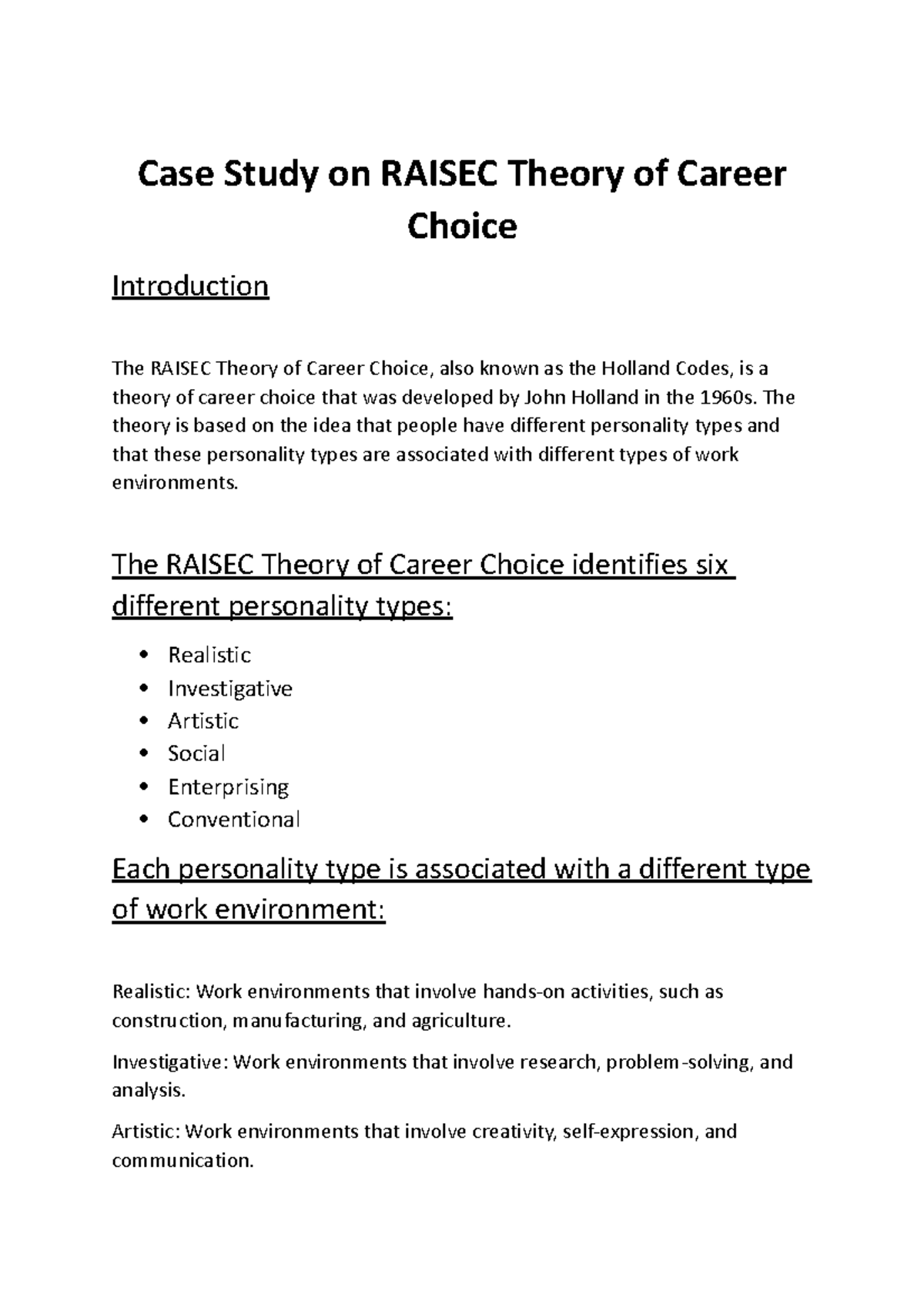 Case Study on Raisec Theory of Career Choice - Case Study on RAISEC Theory of Career Choice ...