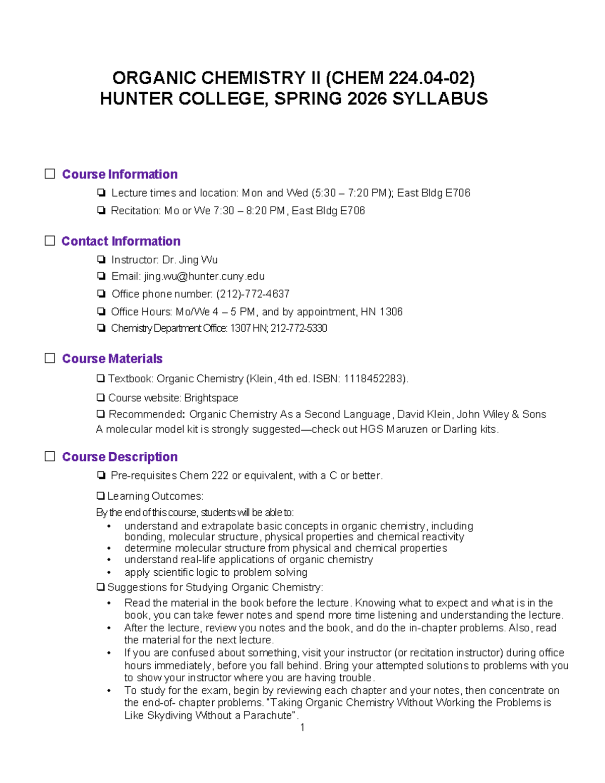 Syllabus for CHEM 224: Organic Chemistry II - Spring 2026 - Studocu