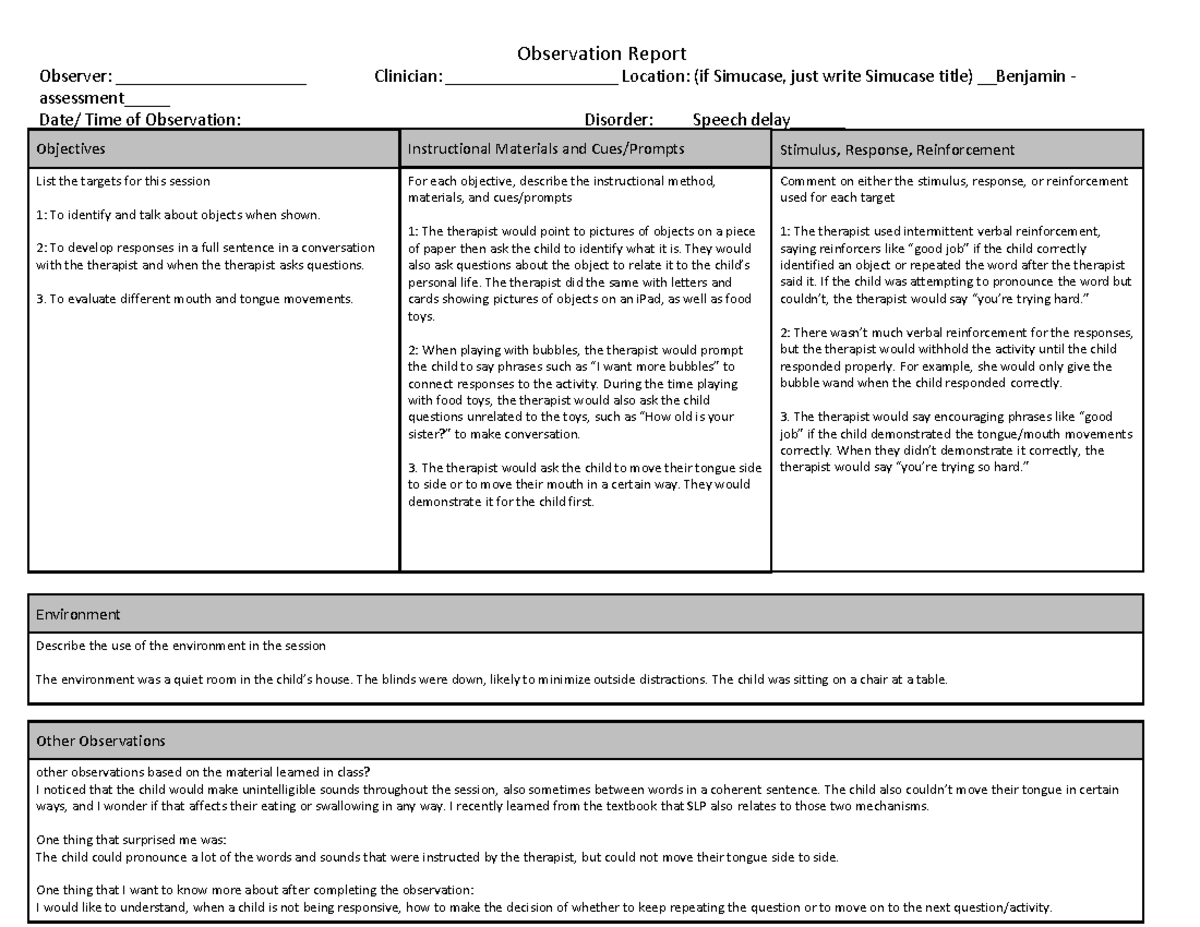 Observation Report: Clinician Session Analysis - Simucase - Studocu