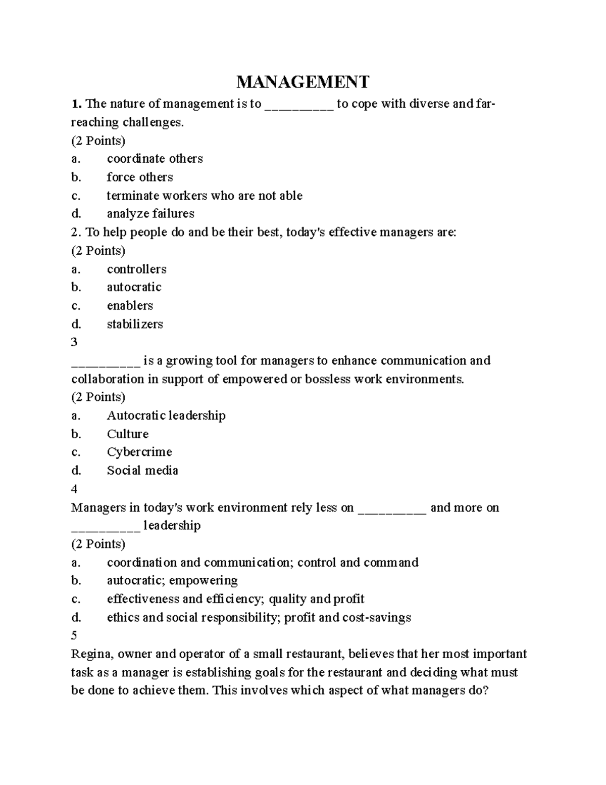 MANAGEMENT 1: 50 Multiple Choice Questions on Management Concepts - Studocu