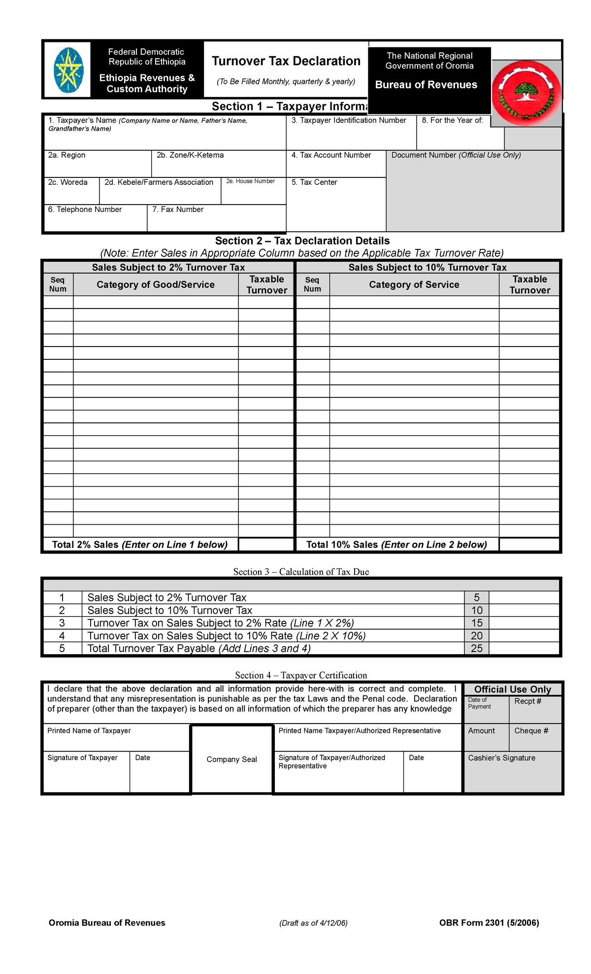 Turnover Tax Declaration Form - OBR Form 2301 - Ethiopia Revenue Guide ...