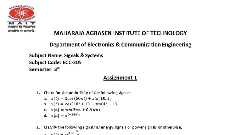 Signals and Systems Assignment 1 - ECE 3rd Sem - Studocu