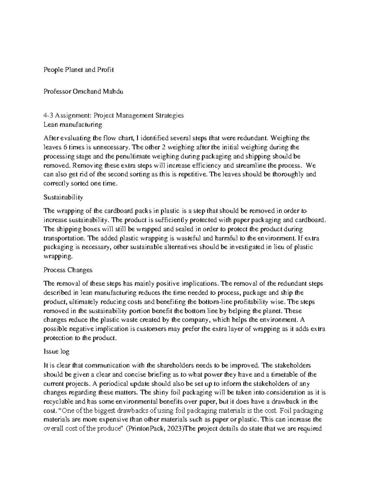 4-3 Assignment: Project Management Strategies - People Planet and ...