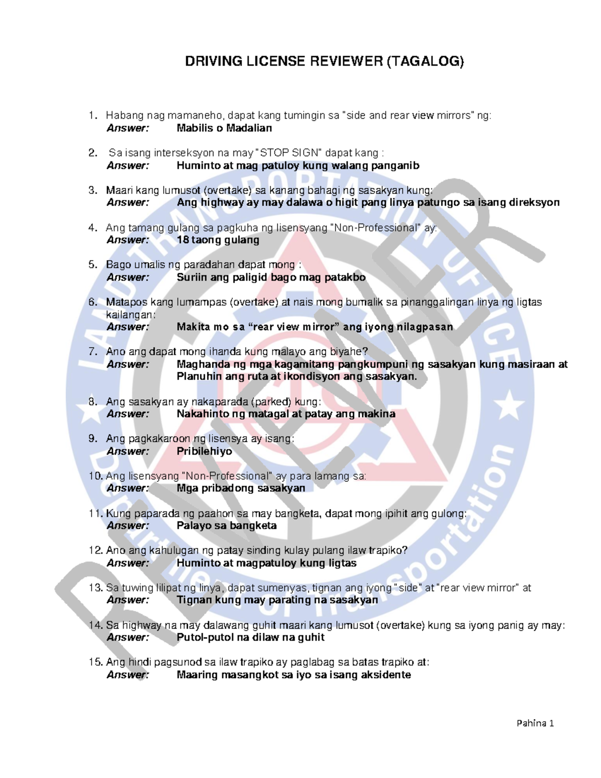 DRIVER'S LICENSE REVIEWER (TAGALOG) - ESSENTIAL Q&A GUIDE - Studocu